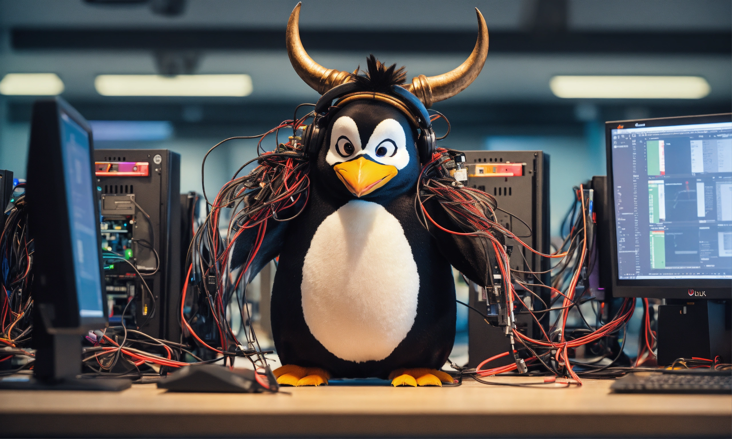 Lexica - A penguin dressed up as a minotaur, in a computer lab with ...
