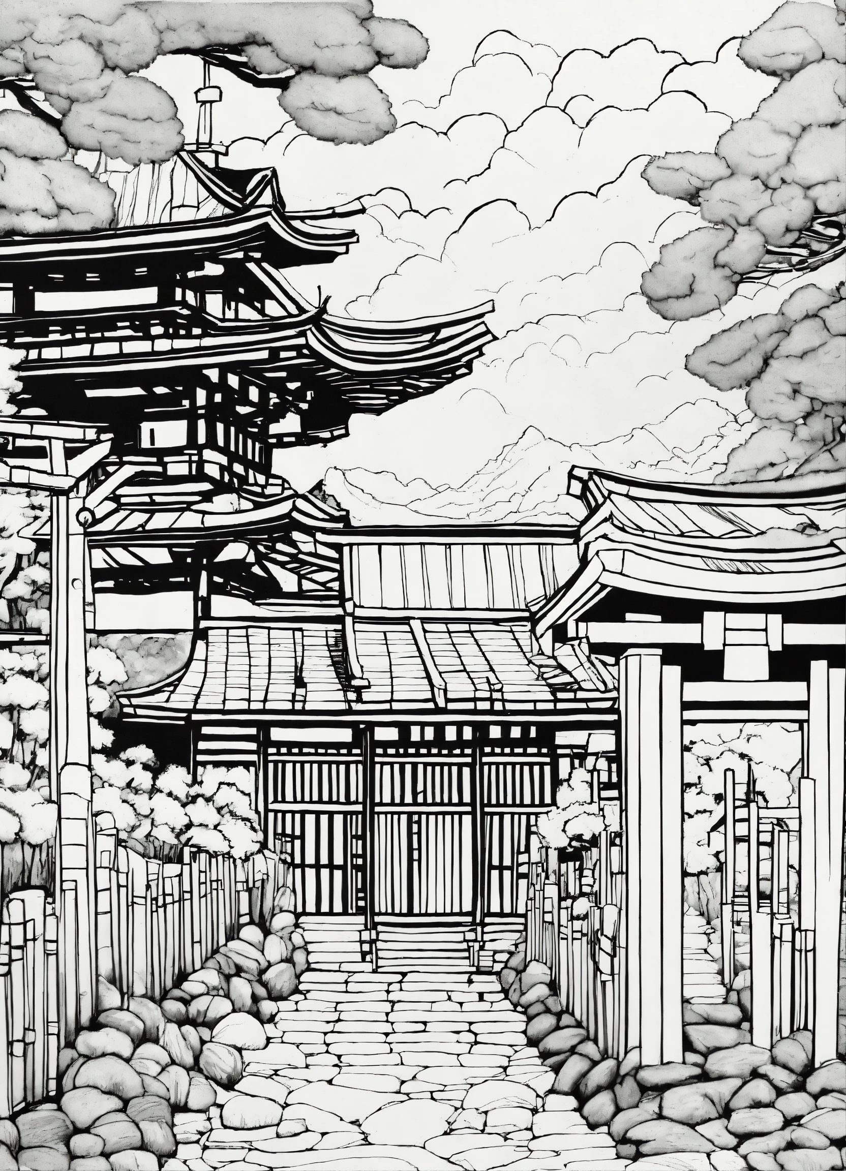 Lexica - A black and white line art drawing of santuario Fushimi Inari ...