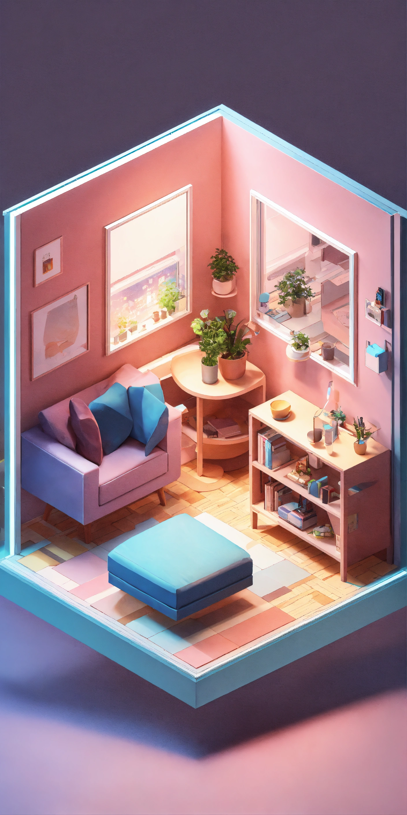 Lexica - Cube cutout of an isometric living room, 3d art, pastel colors ...