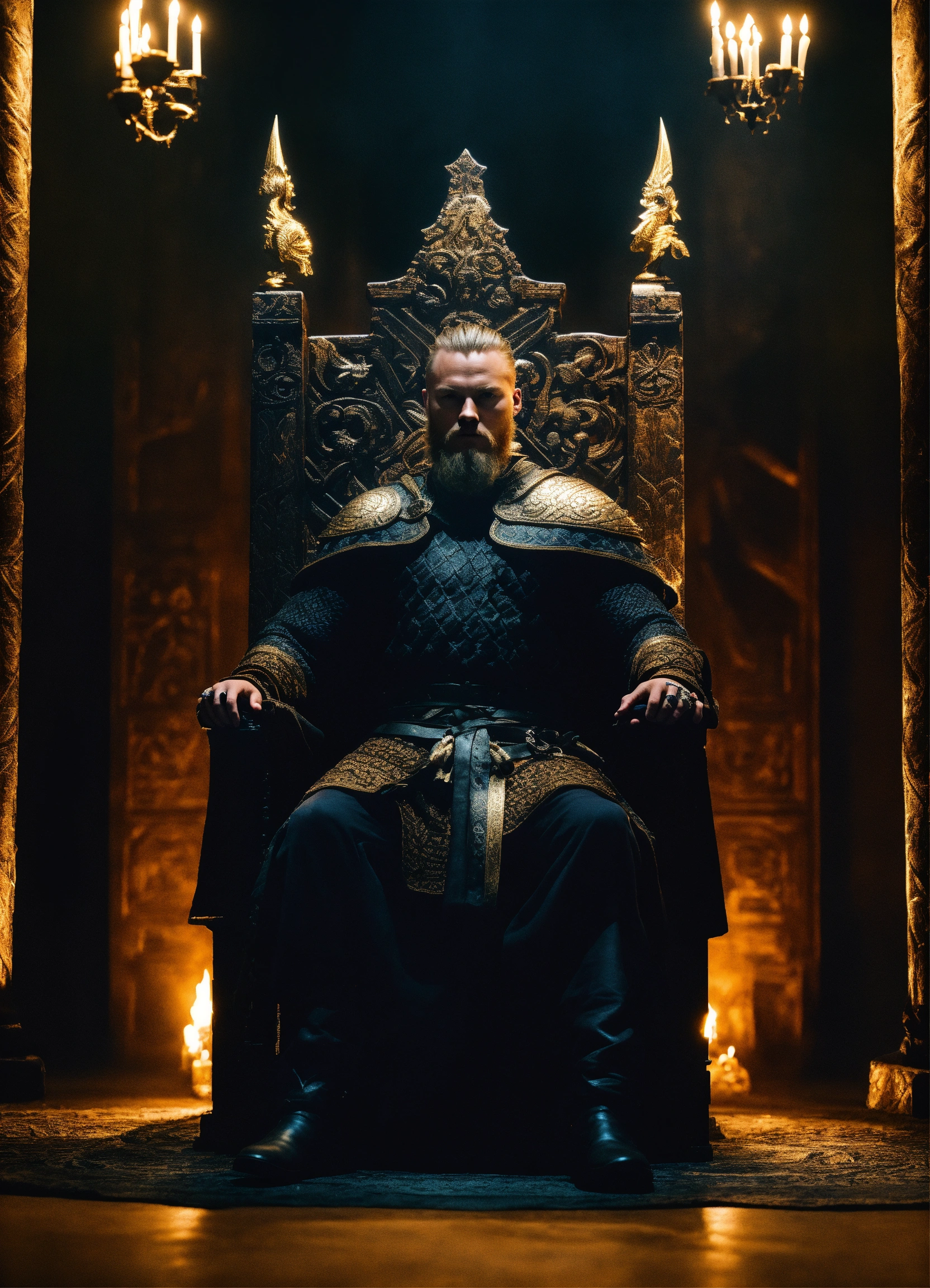 Lexica - Ragnar lothbrok sitting on a wodden throne in a dark room and ...