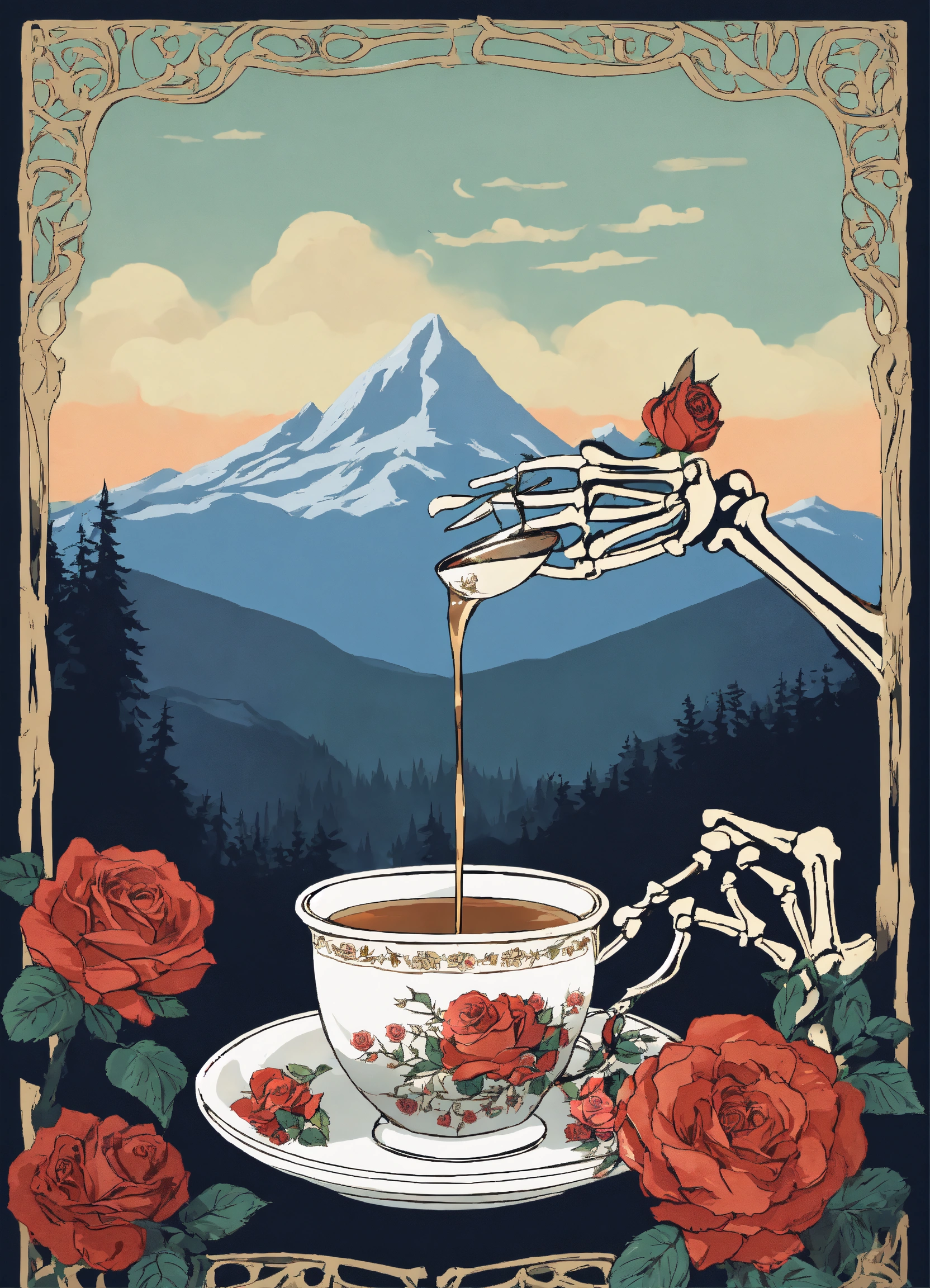 Lexica - Skeleton hand holding a vintage tea cup, hot tea pouring from ...