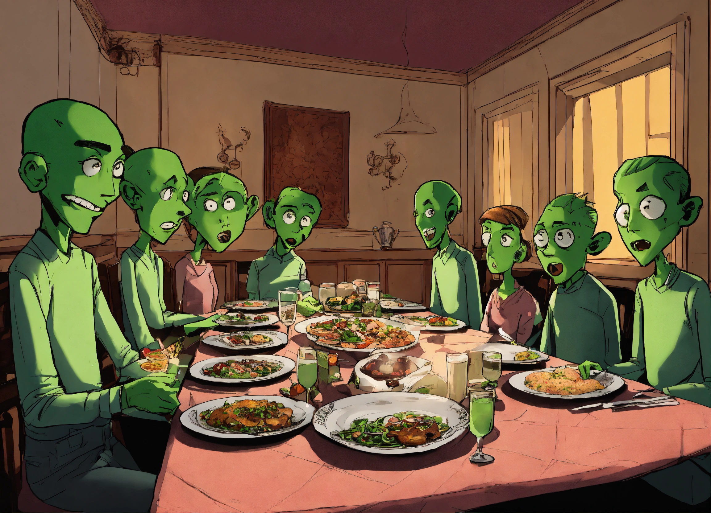 Lexica - Create a comic cartoon poster depicting a dinner scene where ...
