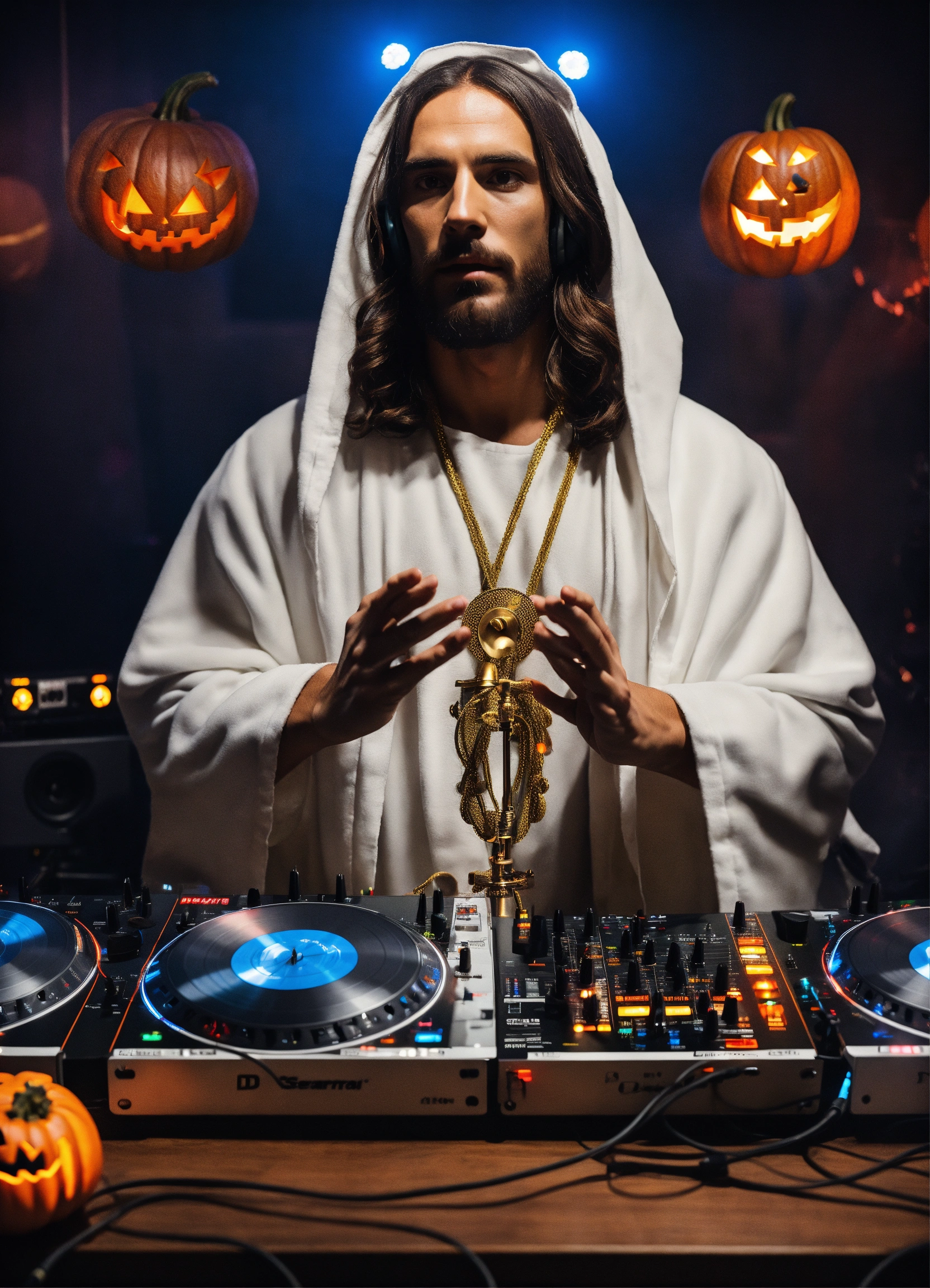 Lexica - Jesus christ with white robe celebrating Halloween in a club ...