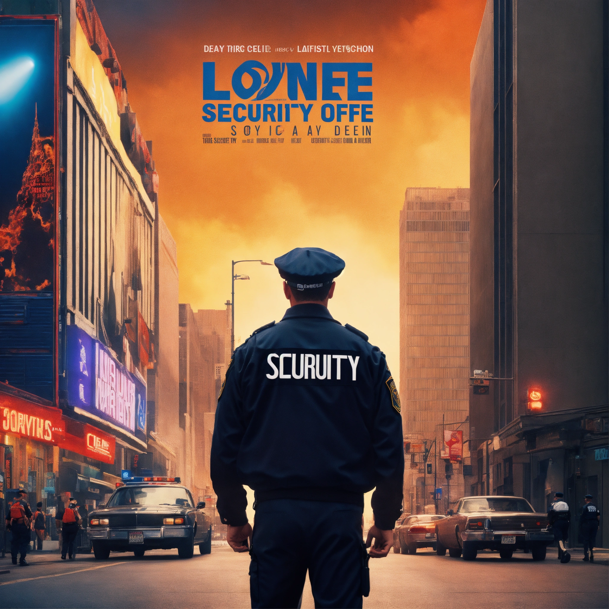 Lexica - A lone security officer wearing a dad hat, movie poster style
