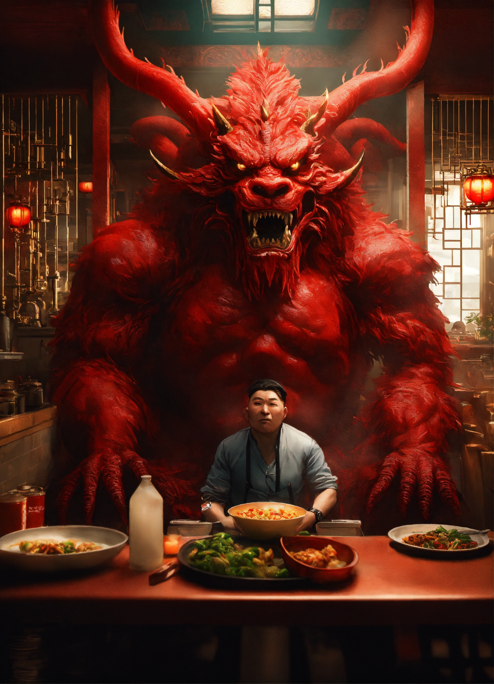 Lexica - A huge red chinese monster is sitting in front of a kitchen ...