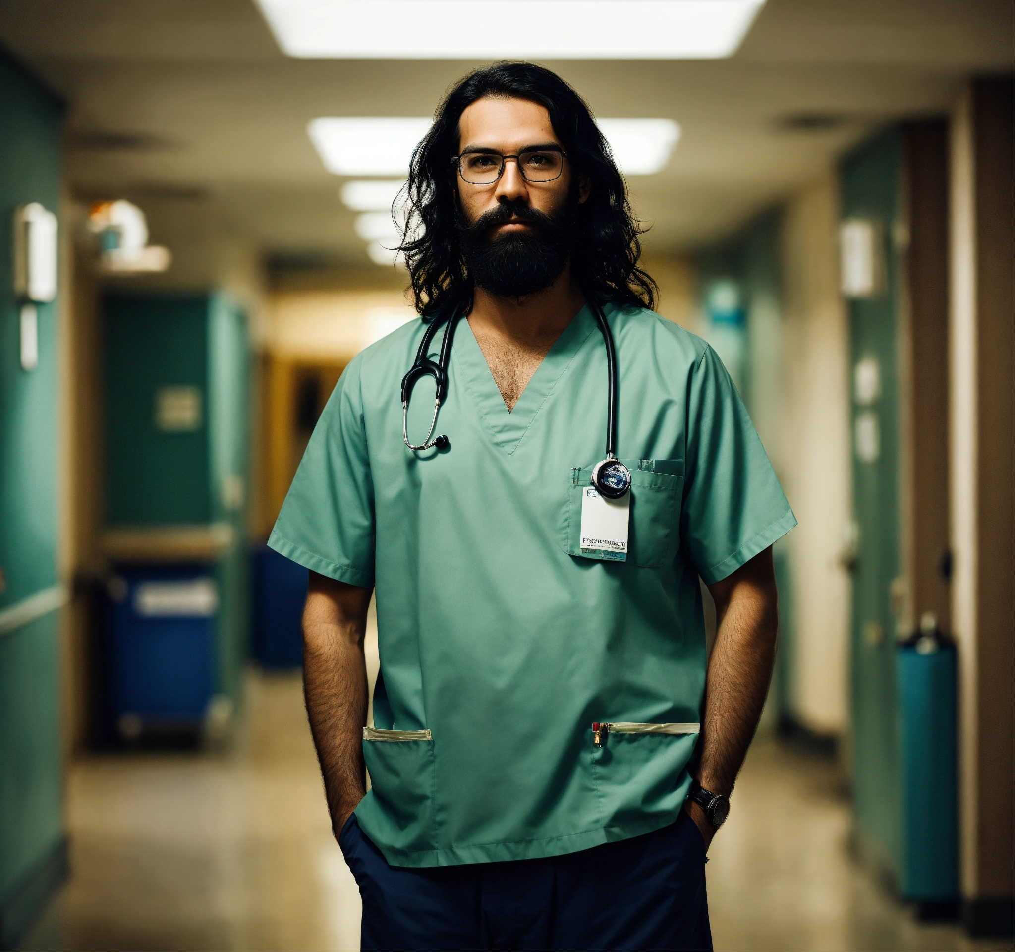 Lexica - Hospital nurse man skinny and tall with black long hair and ...