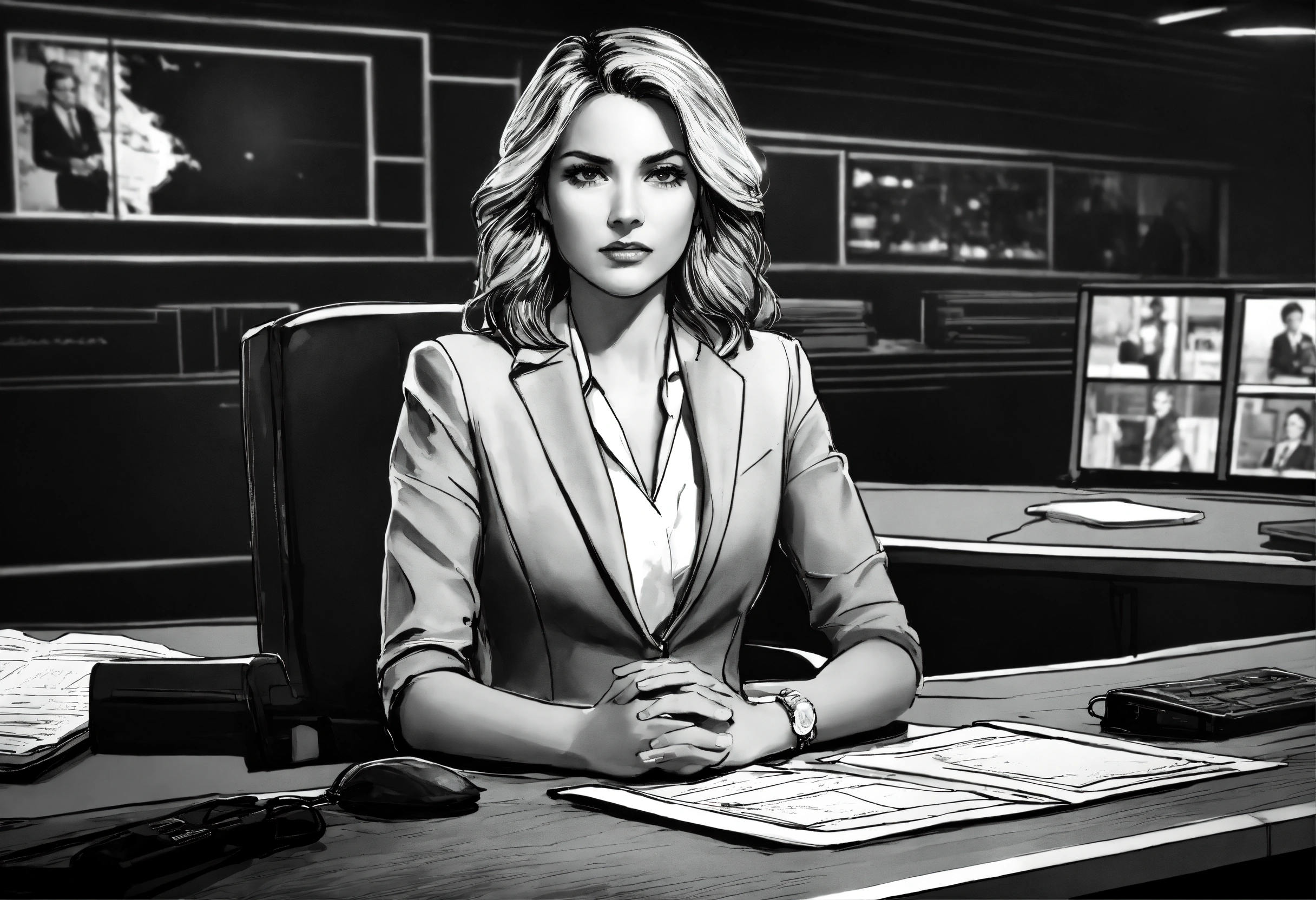 Lexica - Black and white illustration female news reporter, facing ...