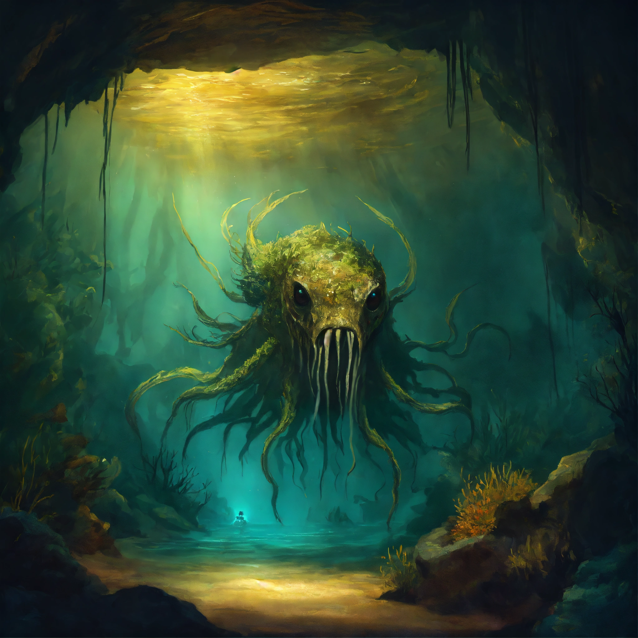 Lexica - Concept art of a scary creature in the depths of an underwater ...