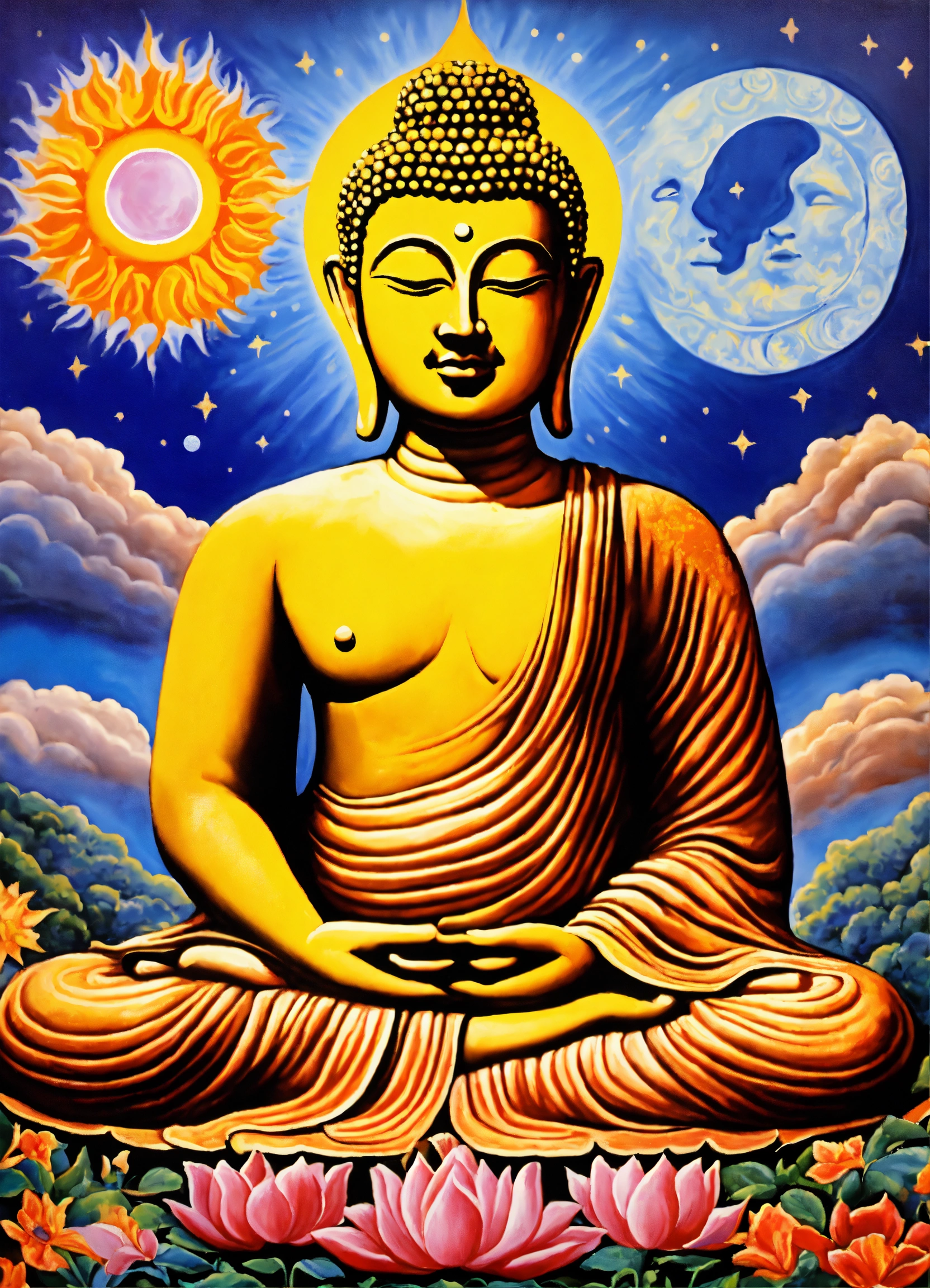 Lexica - Buddha , sun and moon background, aboriginal psychedelic art ...