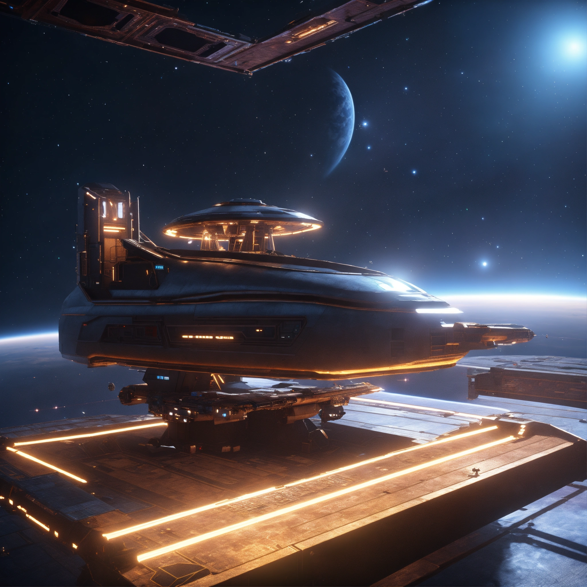 Lexica - Small Dark alien speeder docked in space on a star dock, 8K ...