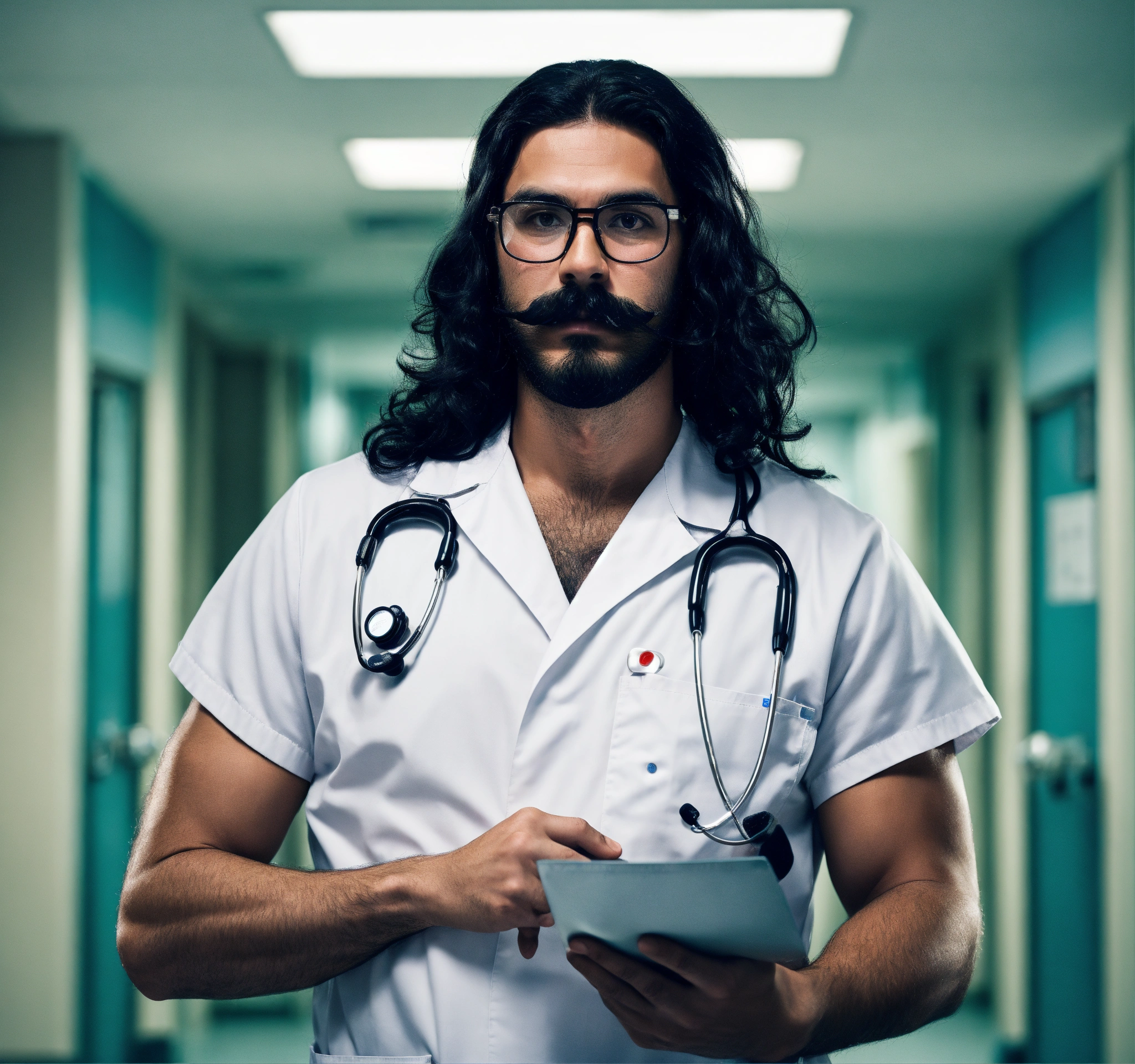 Lexica - Hospital nurse man with black long hair, and black mustache ...