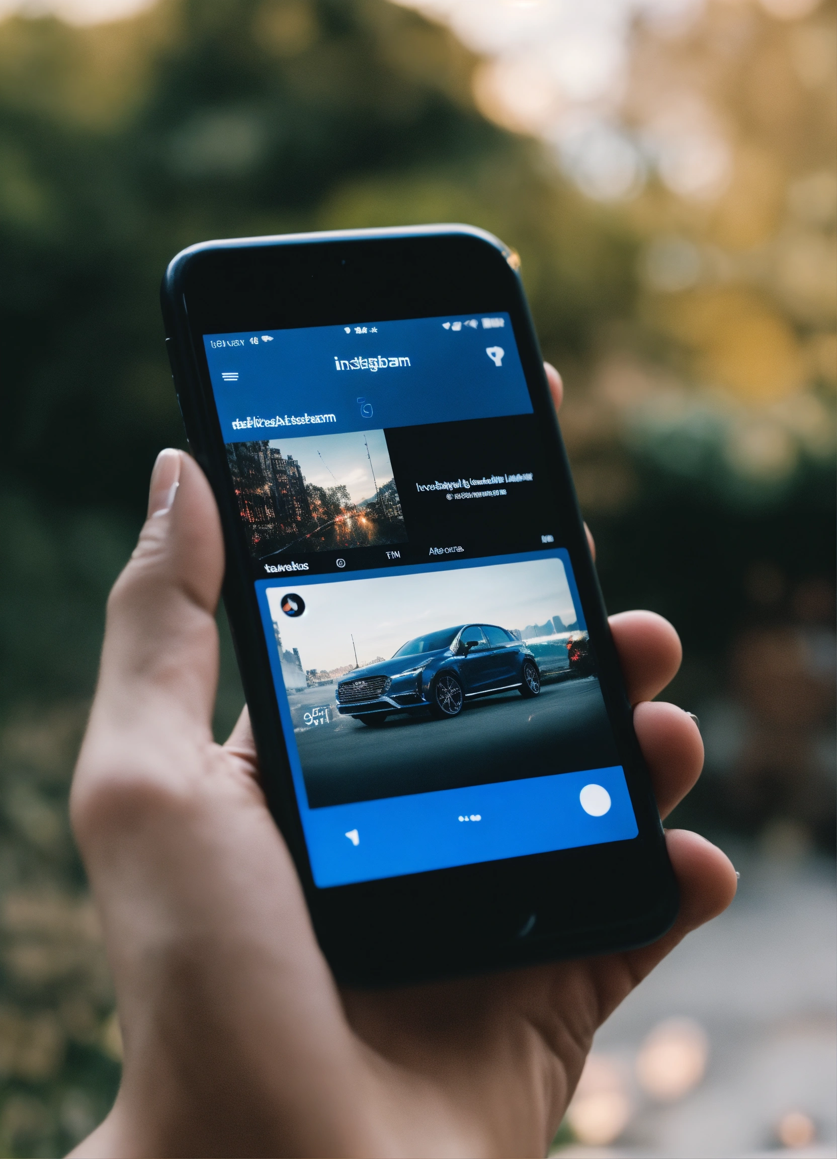 Lexica - Instagram, phone in hand, blue, black ux/ui