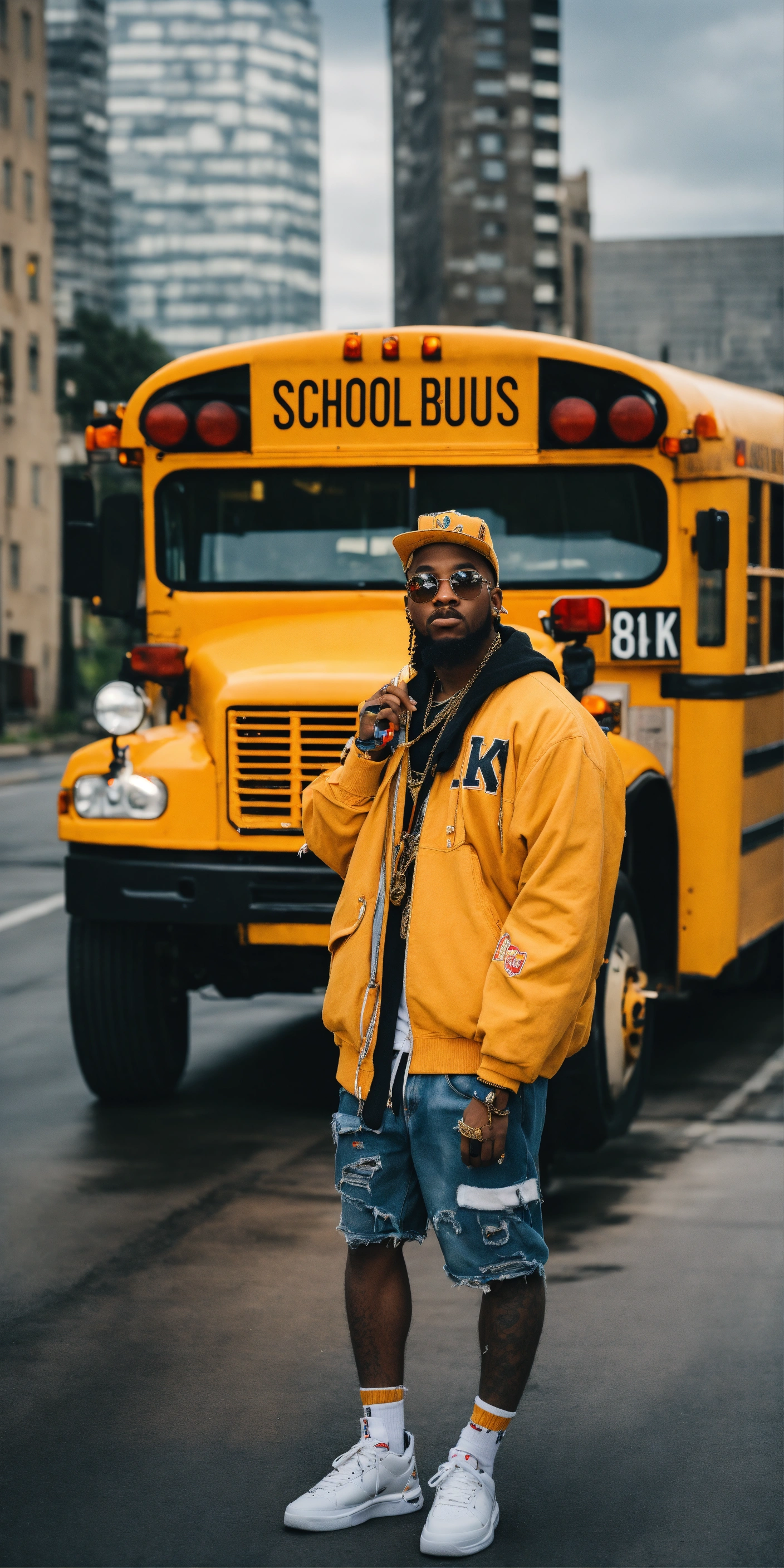Lexica - Picture of rapper with school bus, 8k