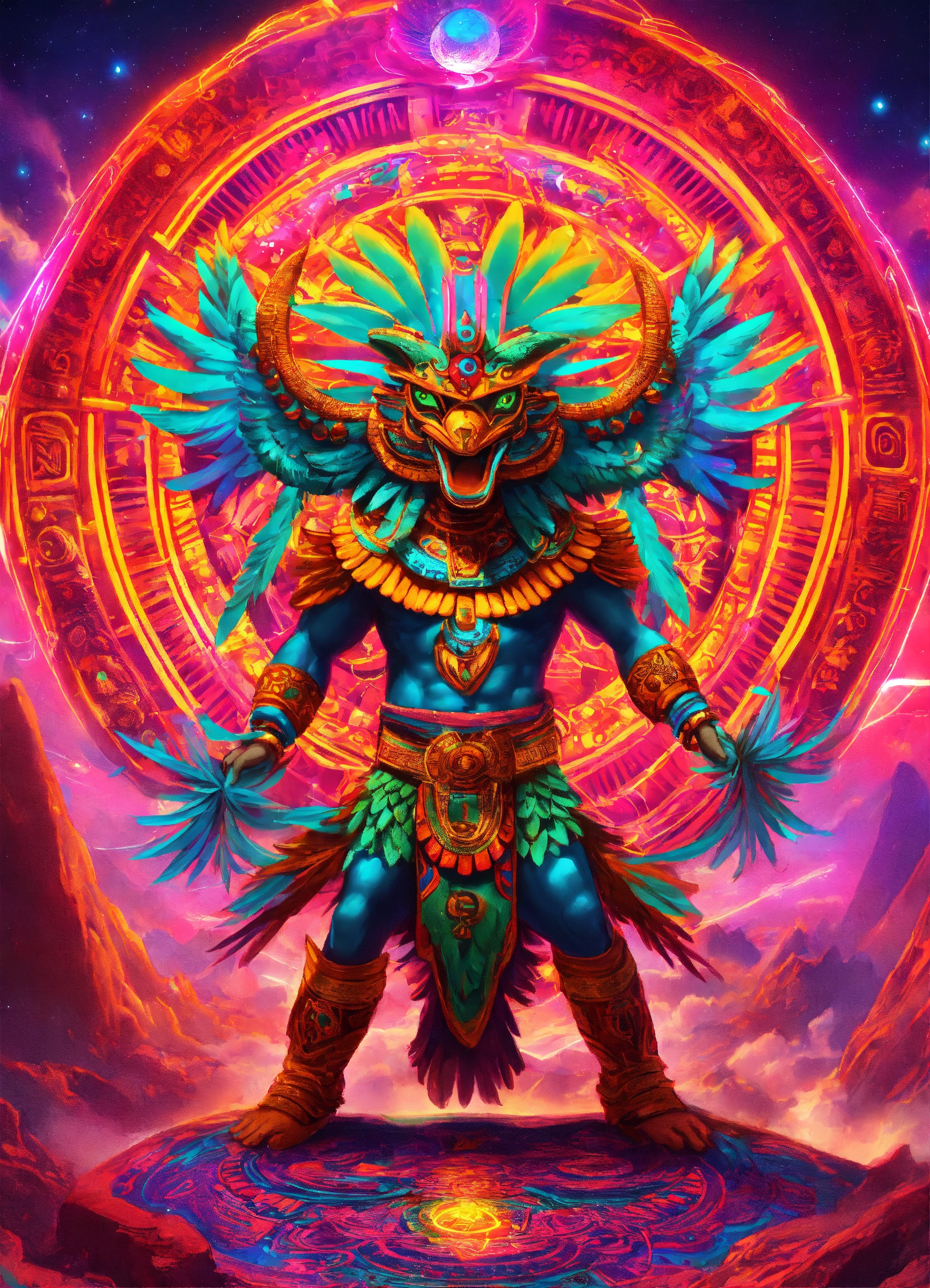 Lexica - Aztec God Quetzalcoatl dancing in electric neon gleam with DMT ...