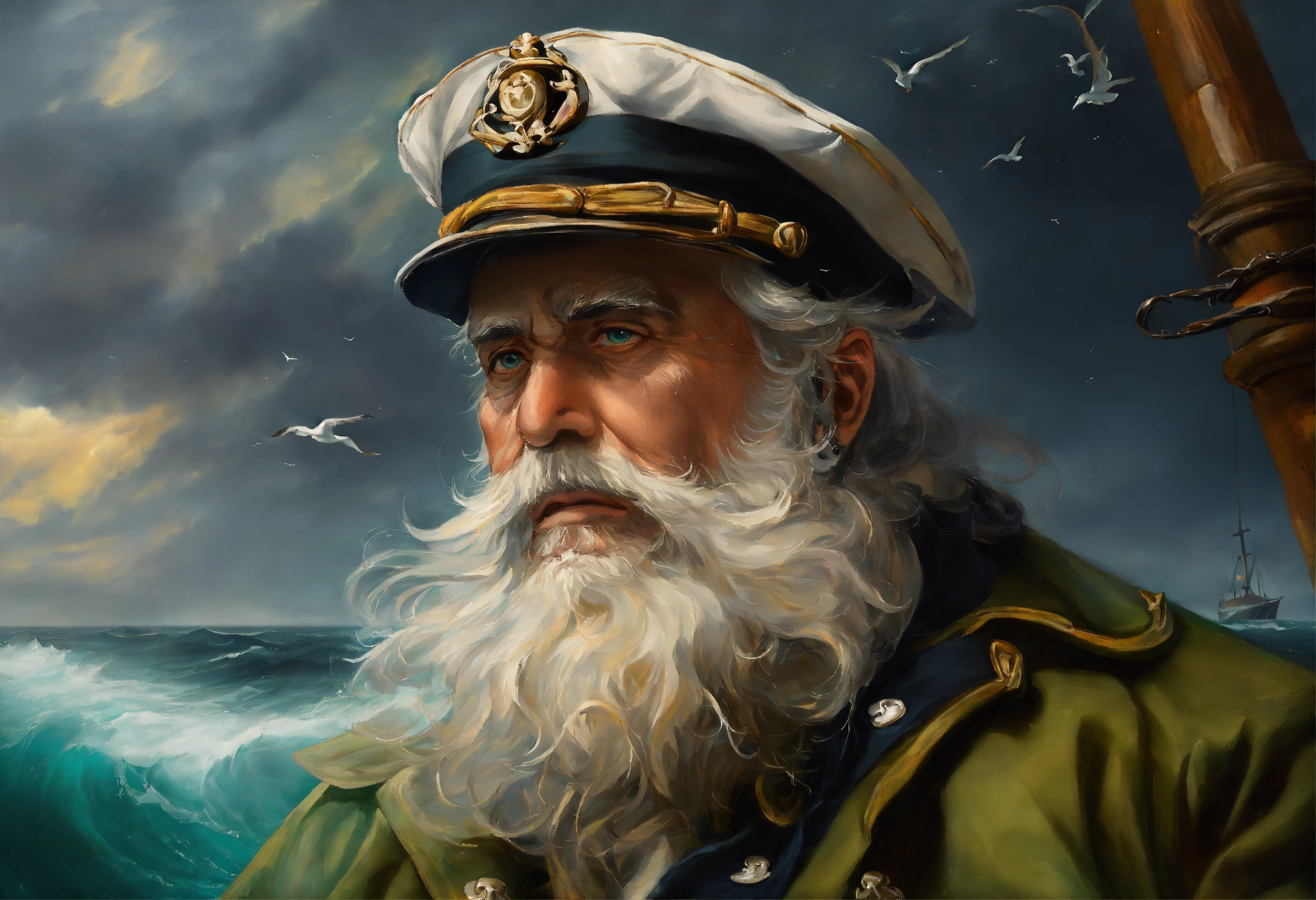 Lexica - A detailed oil painting of an ((((old sea captain, steering ...