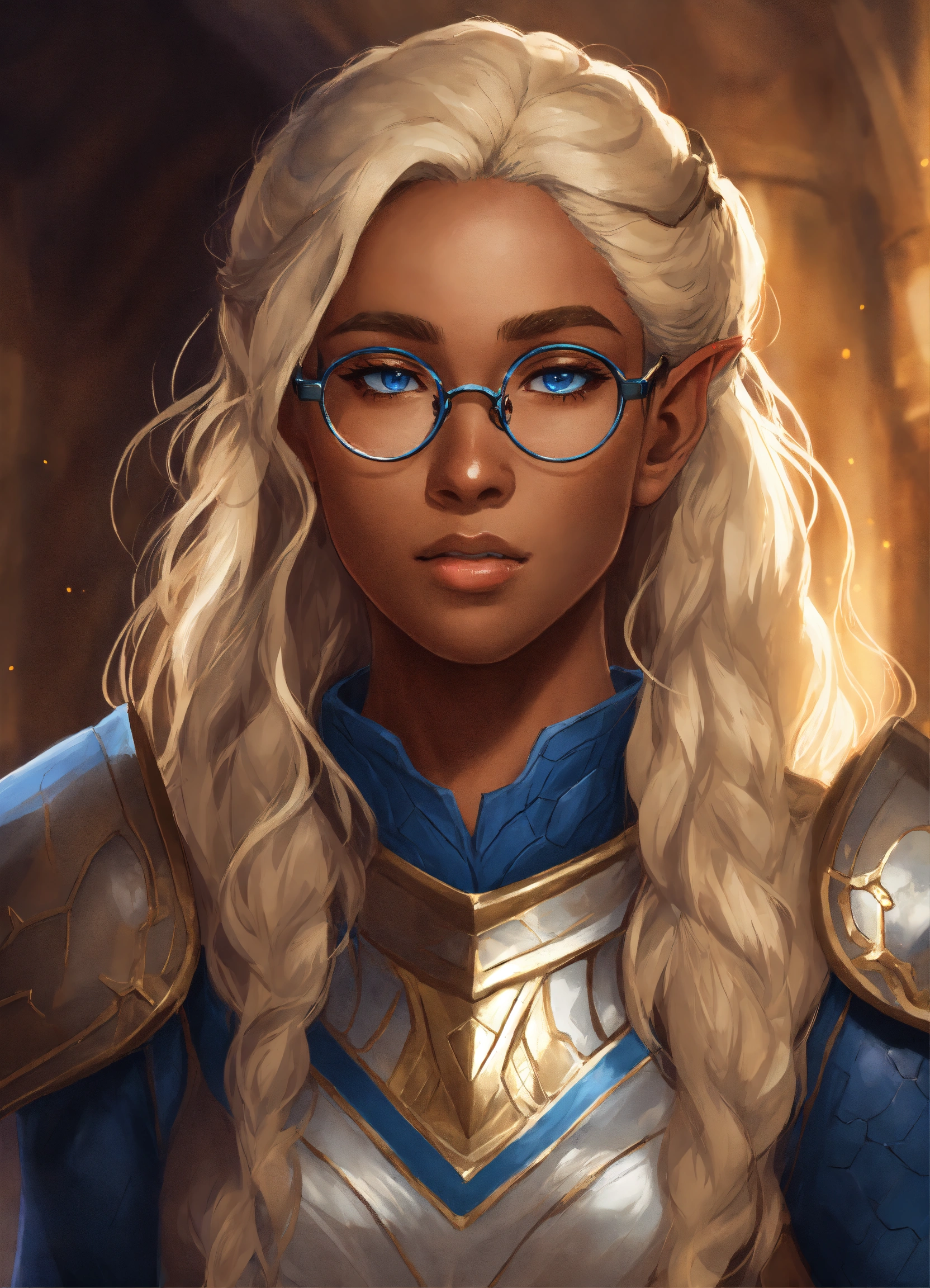 Lexica - A very brown skinned half elf woman, wearing glasses with deep ...