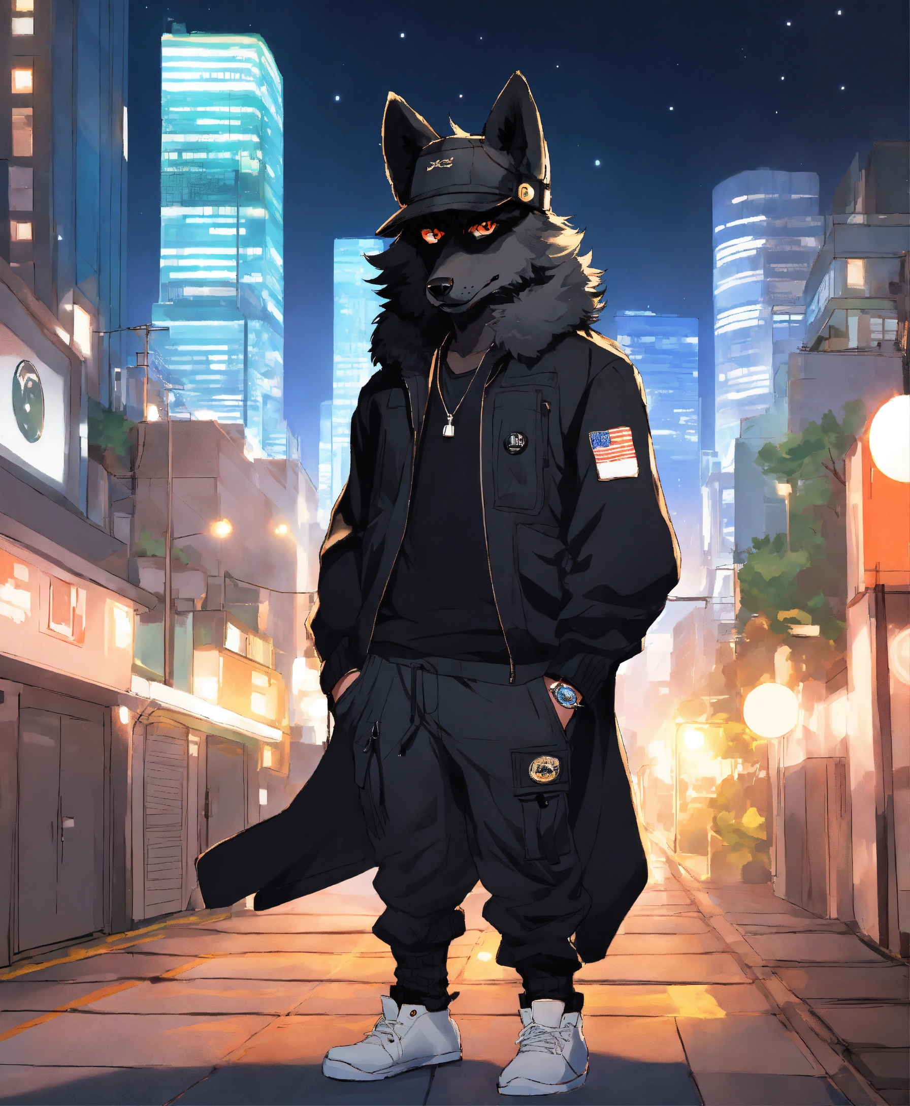 Lexica - Furry black wolf with fluffy black tail, wearing white t-shirt ...