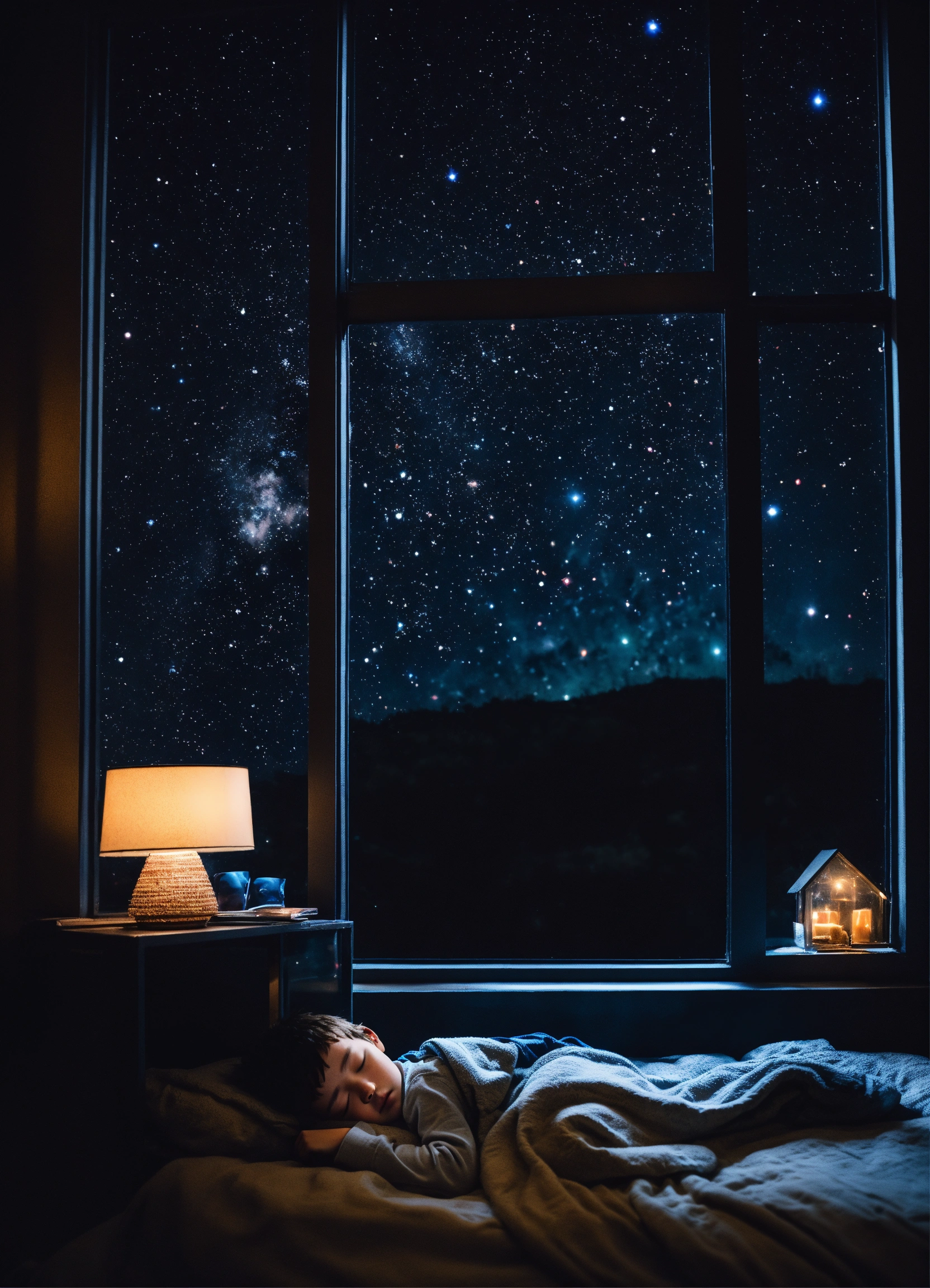 Lexica - A photography of a kid sleeping in dark modern room, night sky ...
