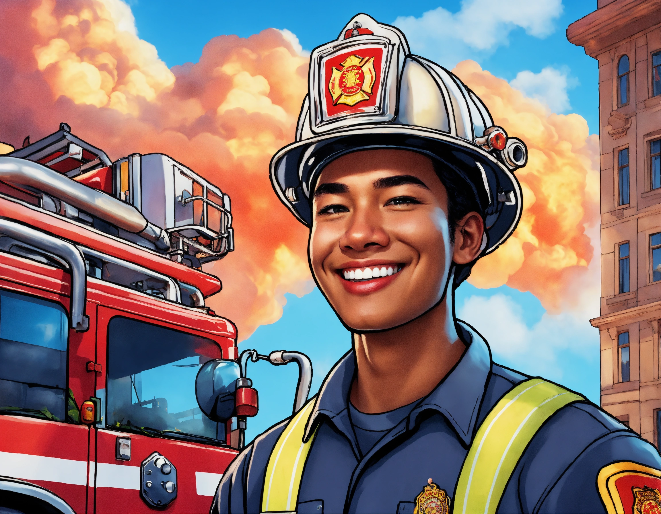 Lexica - A firefighter, smiling, Indonesian face, background in front ...