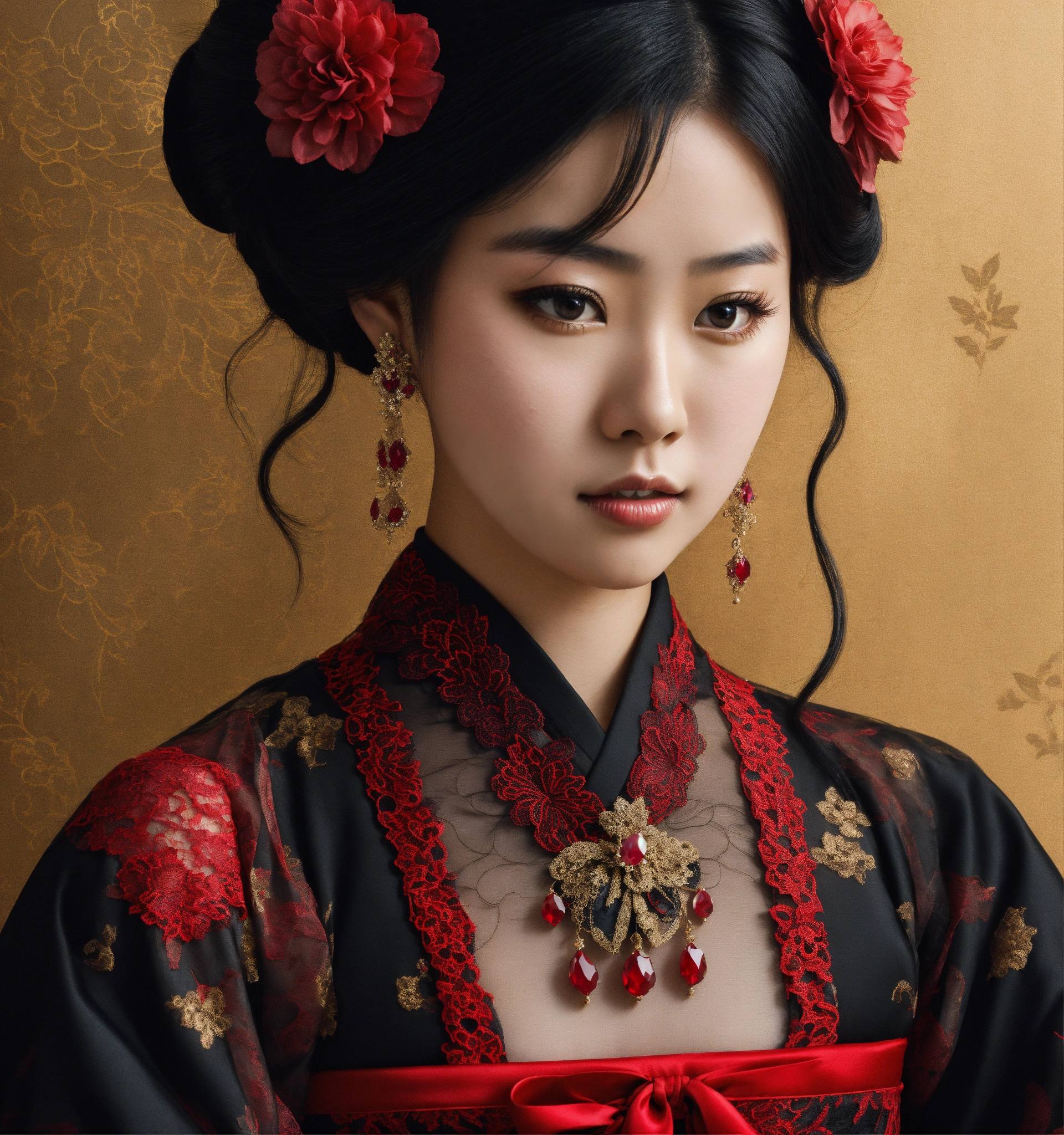 Lexica - Beautiful japanese girl, wearing black and red lace bodice and ...