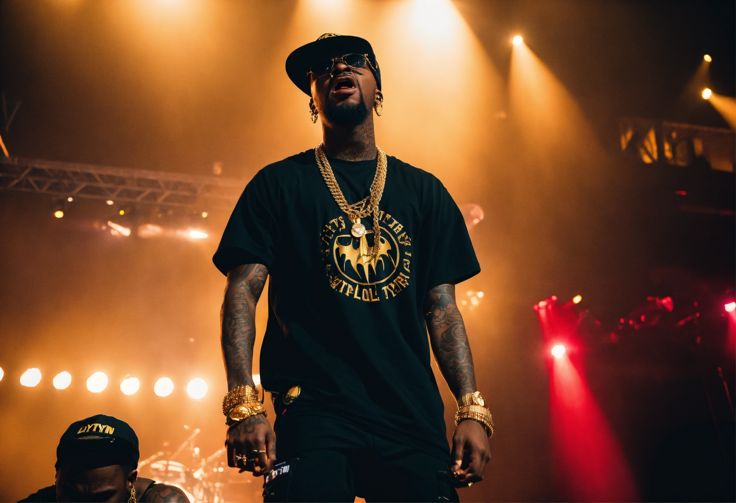 Lexica - Full body shot black battle rapper "Daylyt" eapping on stage ...