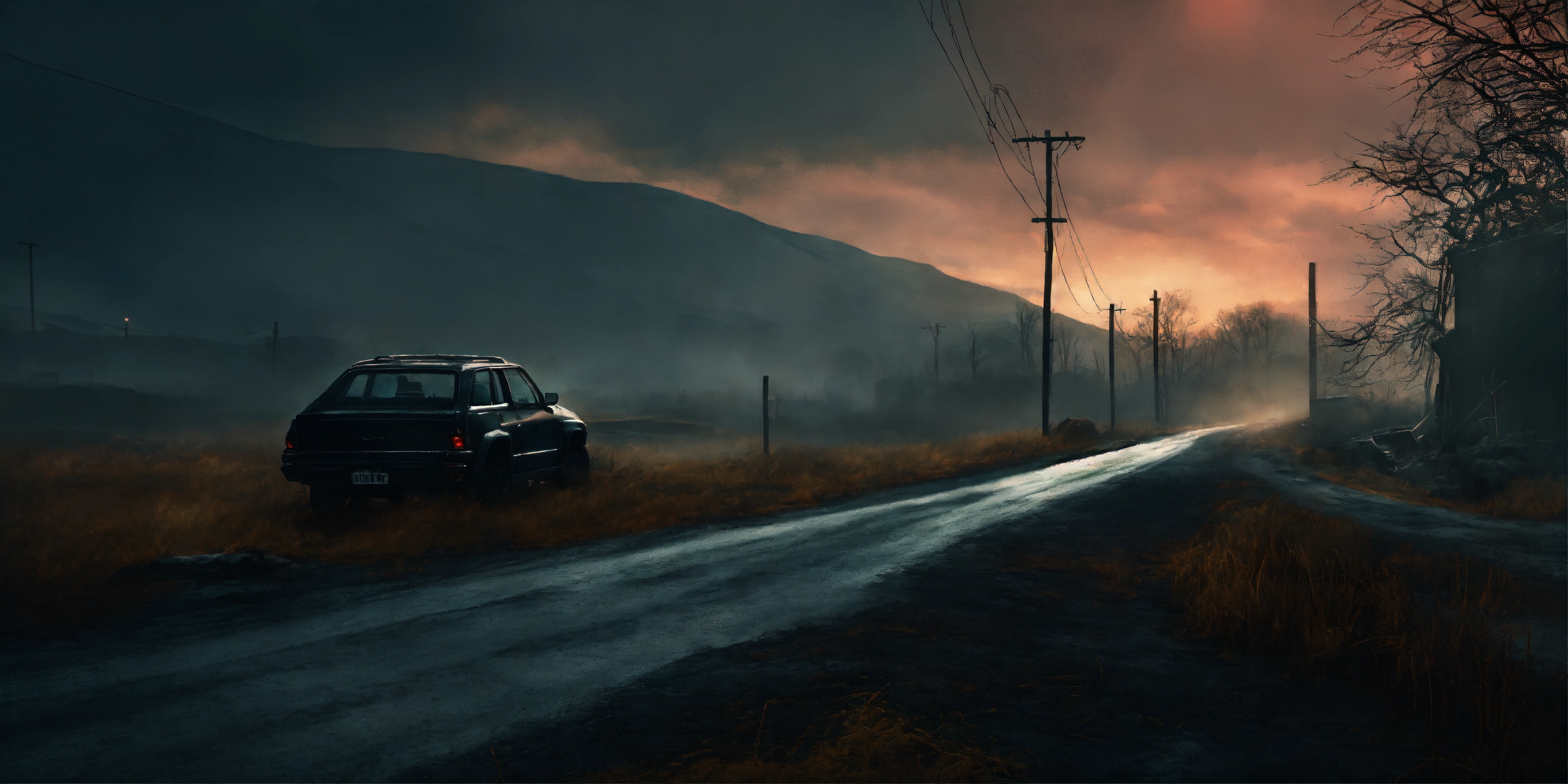 Lexica - Spooky dark road; one car 4x4; scary; realistic; , surreal ...