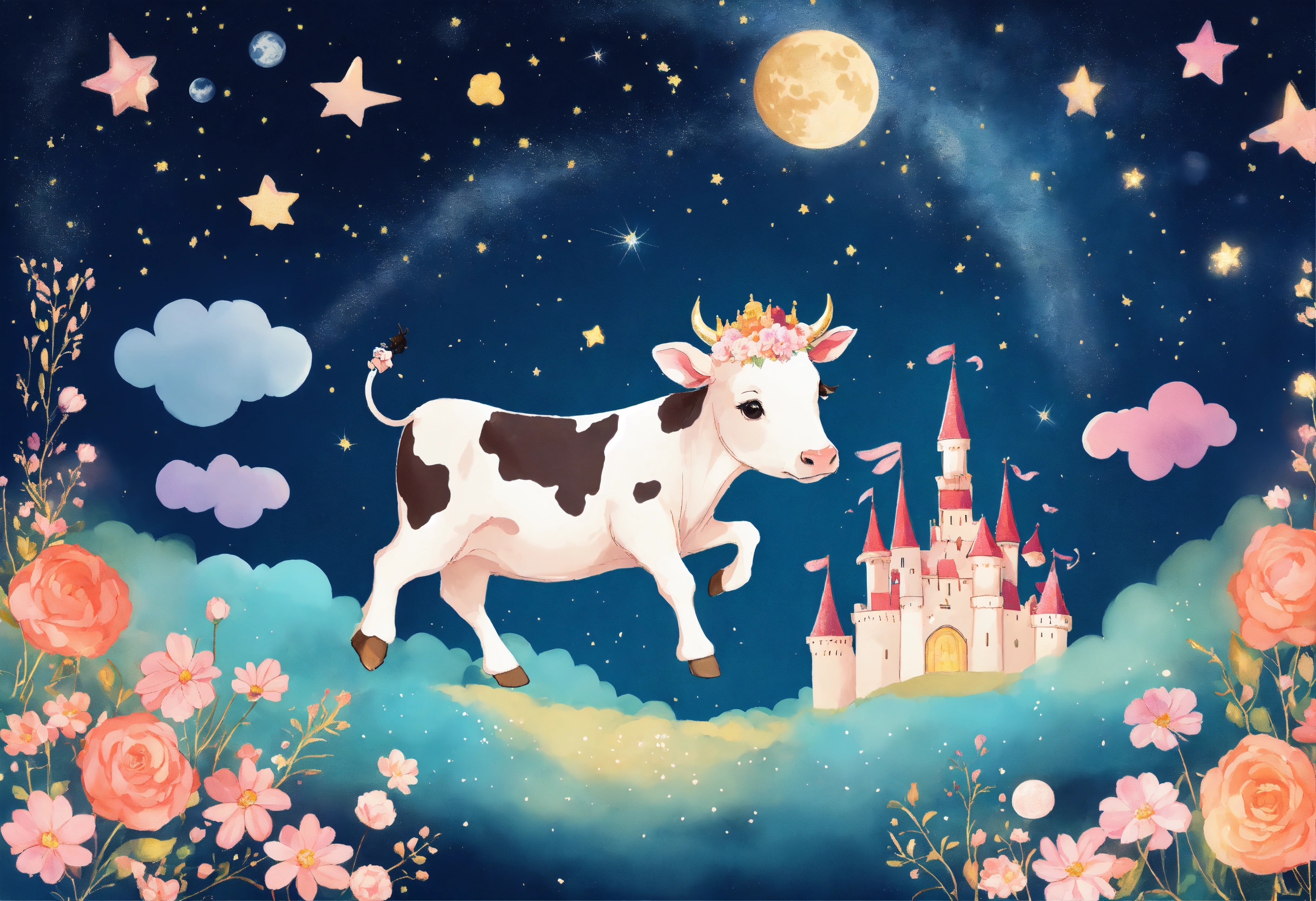 Lexica - Illustration of nursery art baby cow jumping over the moon ...