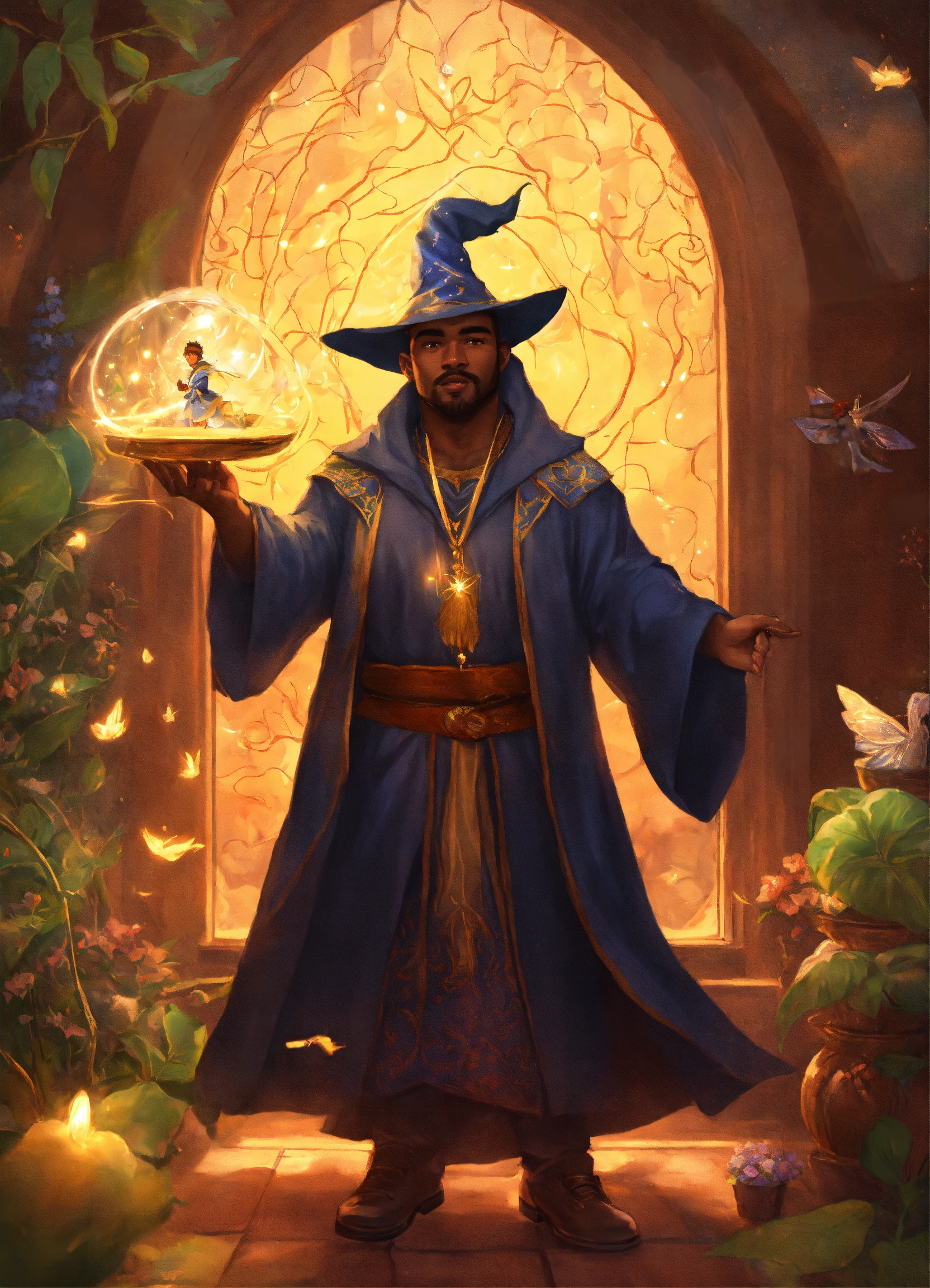 Lexica - Stocky black guy wizard summoning a fairy