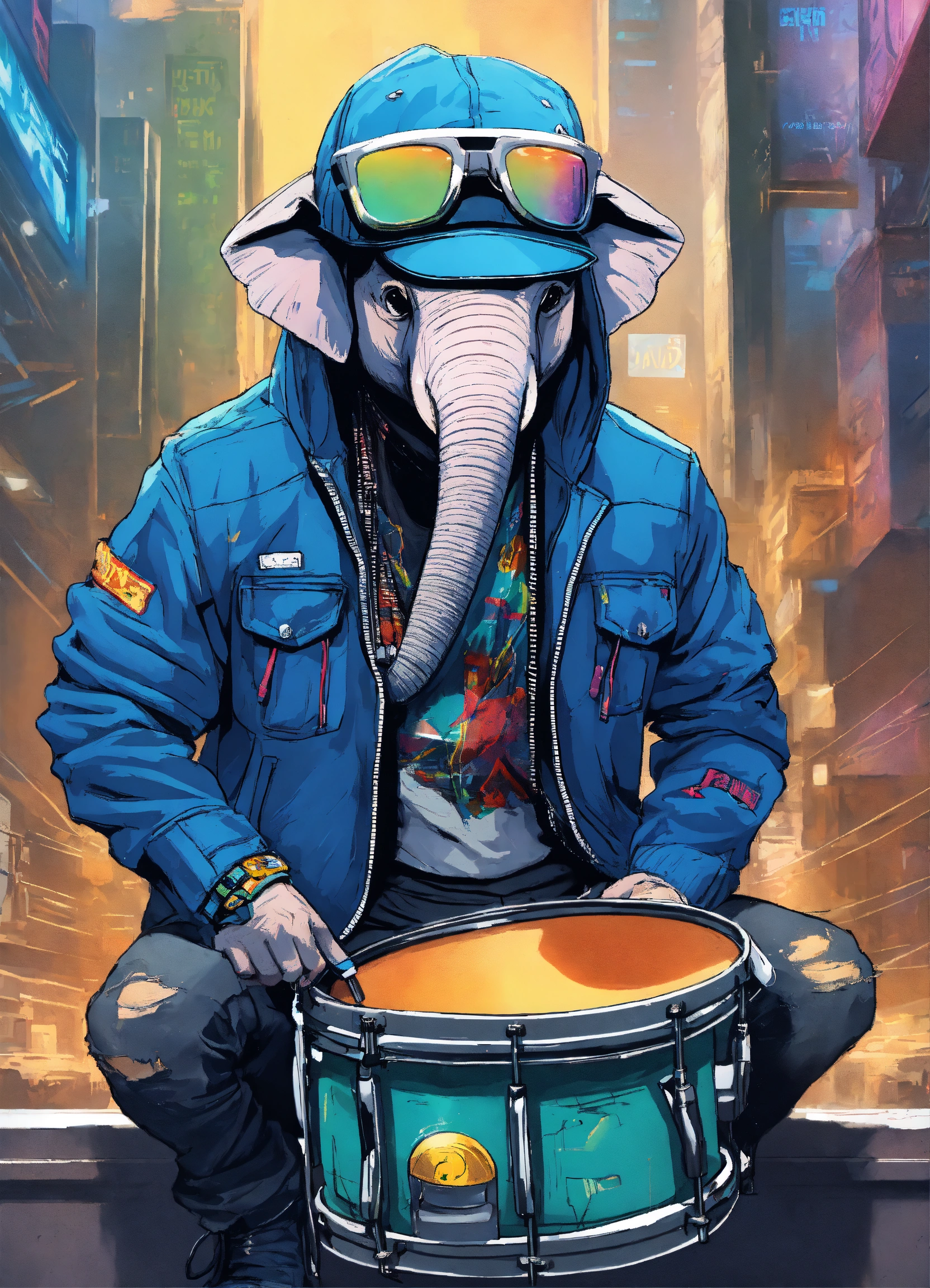 Lexica - Cute baby elephant cyberpunk hacker playing drums with blue ...