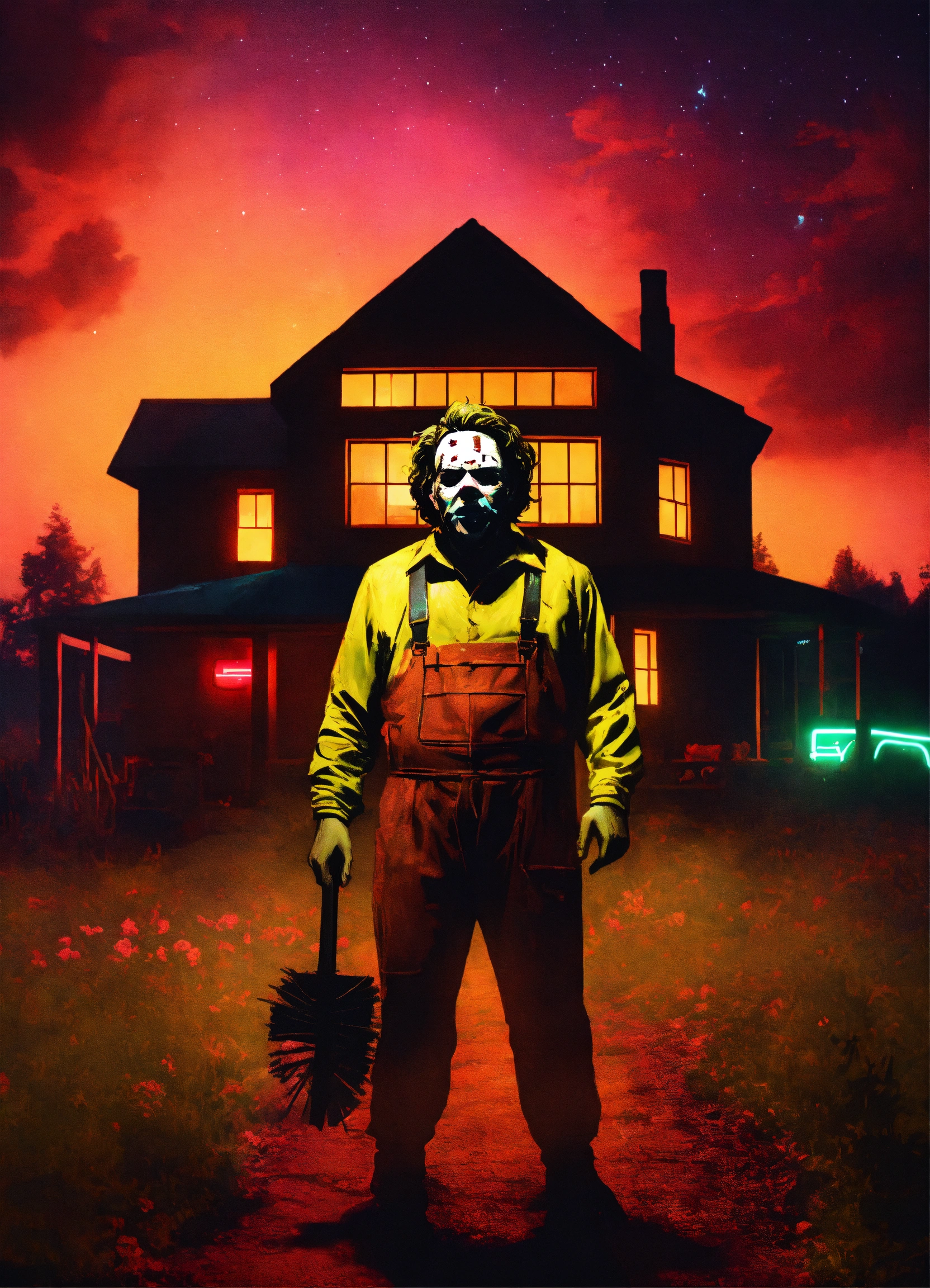 Lexica - Ultra realistic Leatherface and outside a shimmer black neon ...