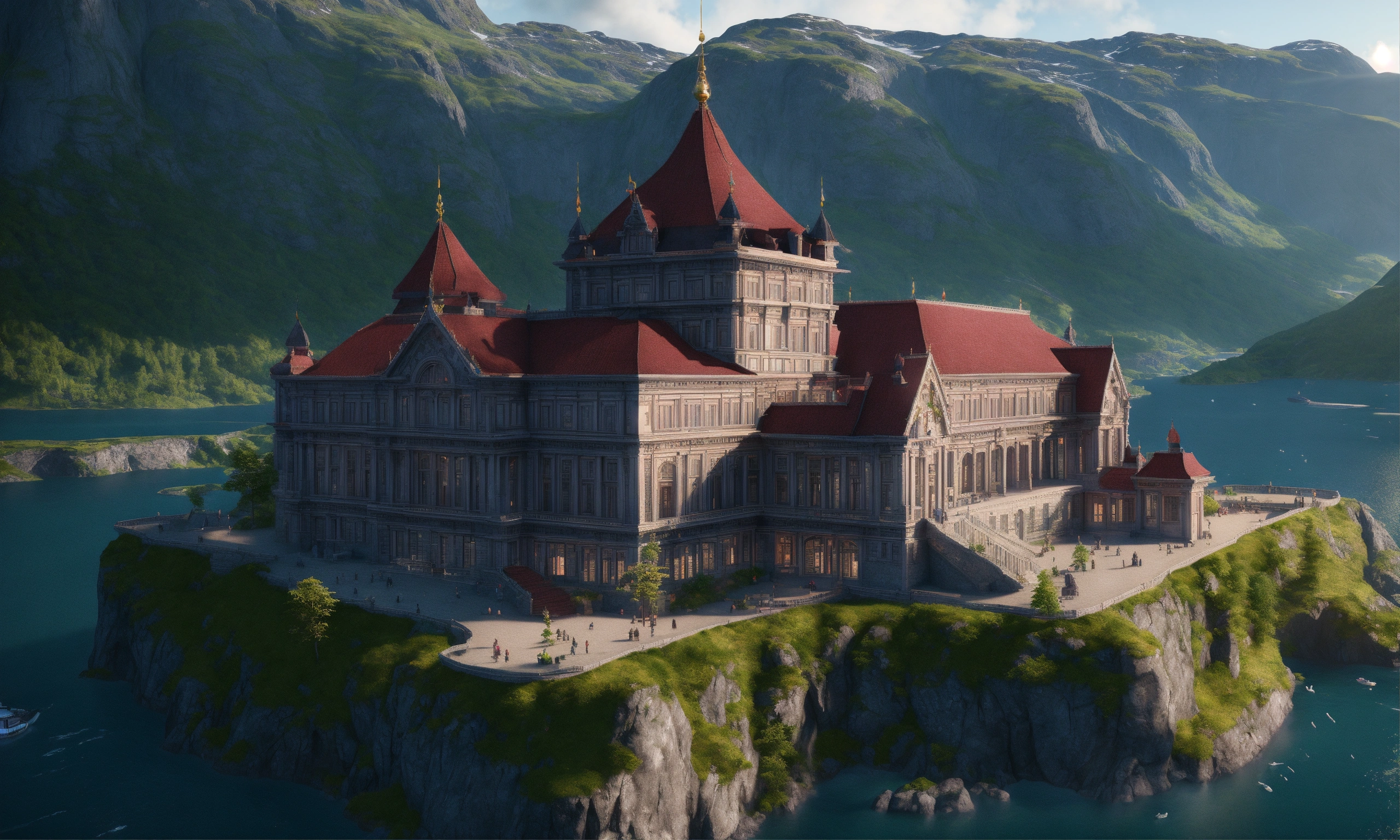 Lexica - Full image of a massive royal palace with a maroon roof on a cliff overlooking a Fjord ...