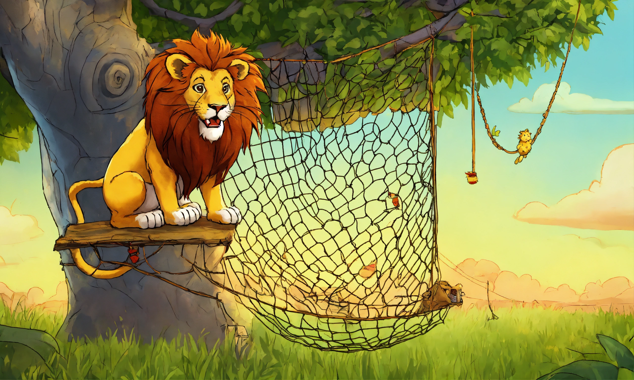 Lexica - Cartoon a net hung to tree upside down and big lion trapped in ...