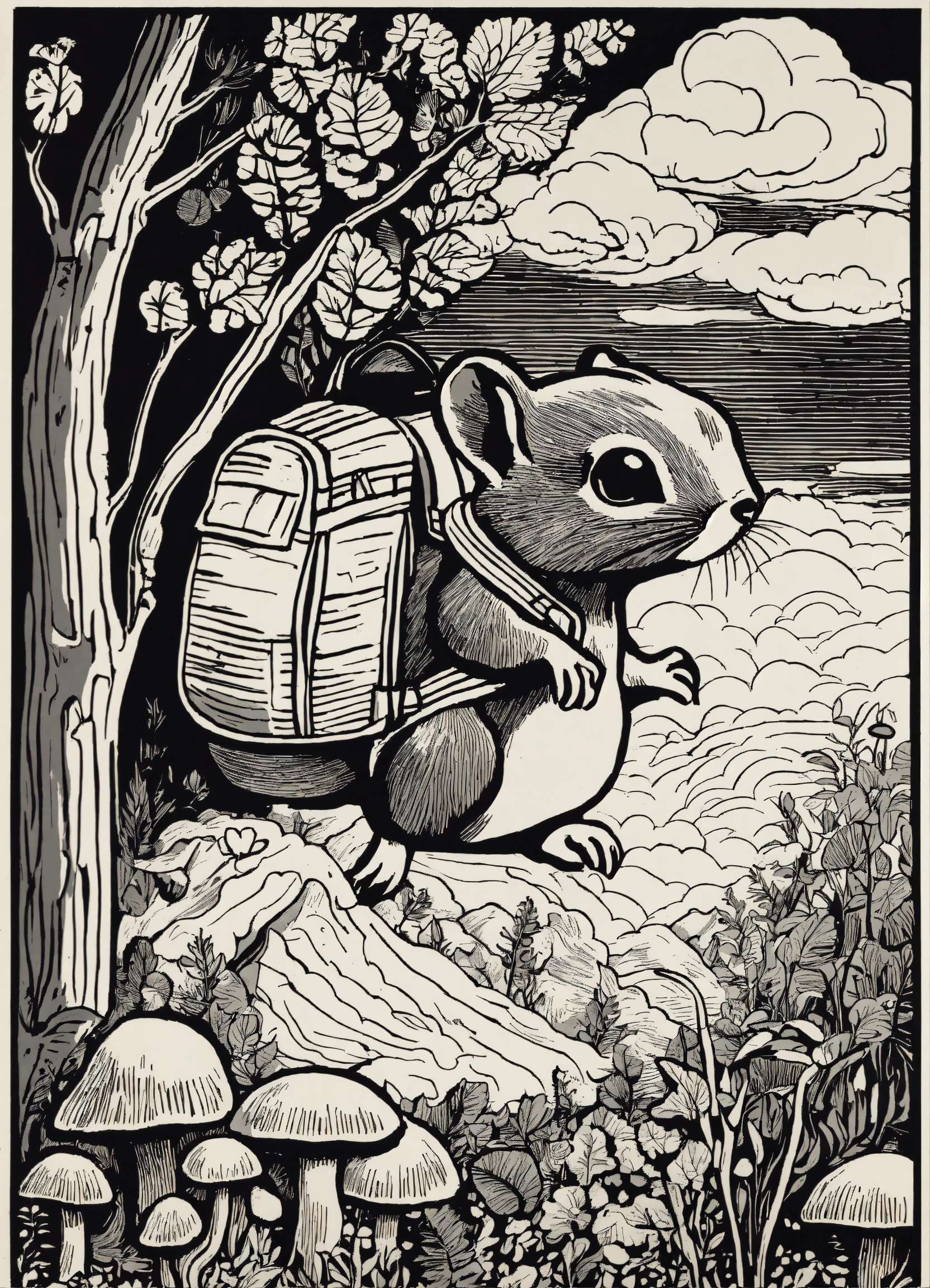 Lexica - Simple black and white linocut. A Chipmunk with a backpack on ...