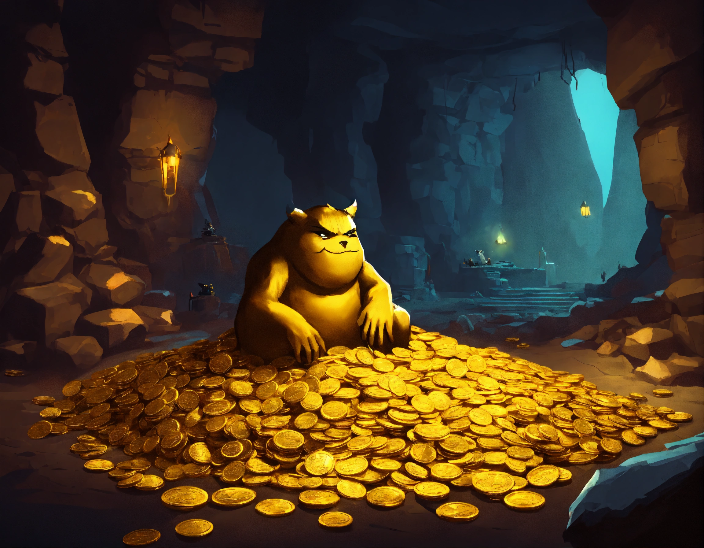 Lexica - Dark cave room full of golden coin piled up, sleeping monster ...