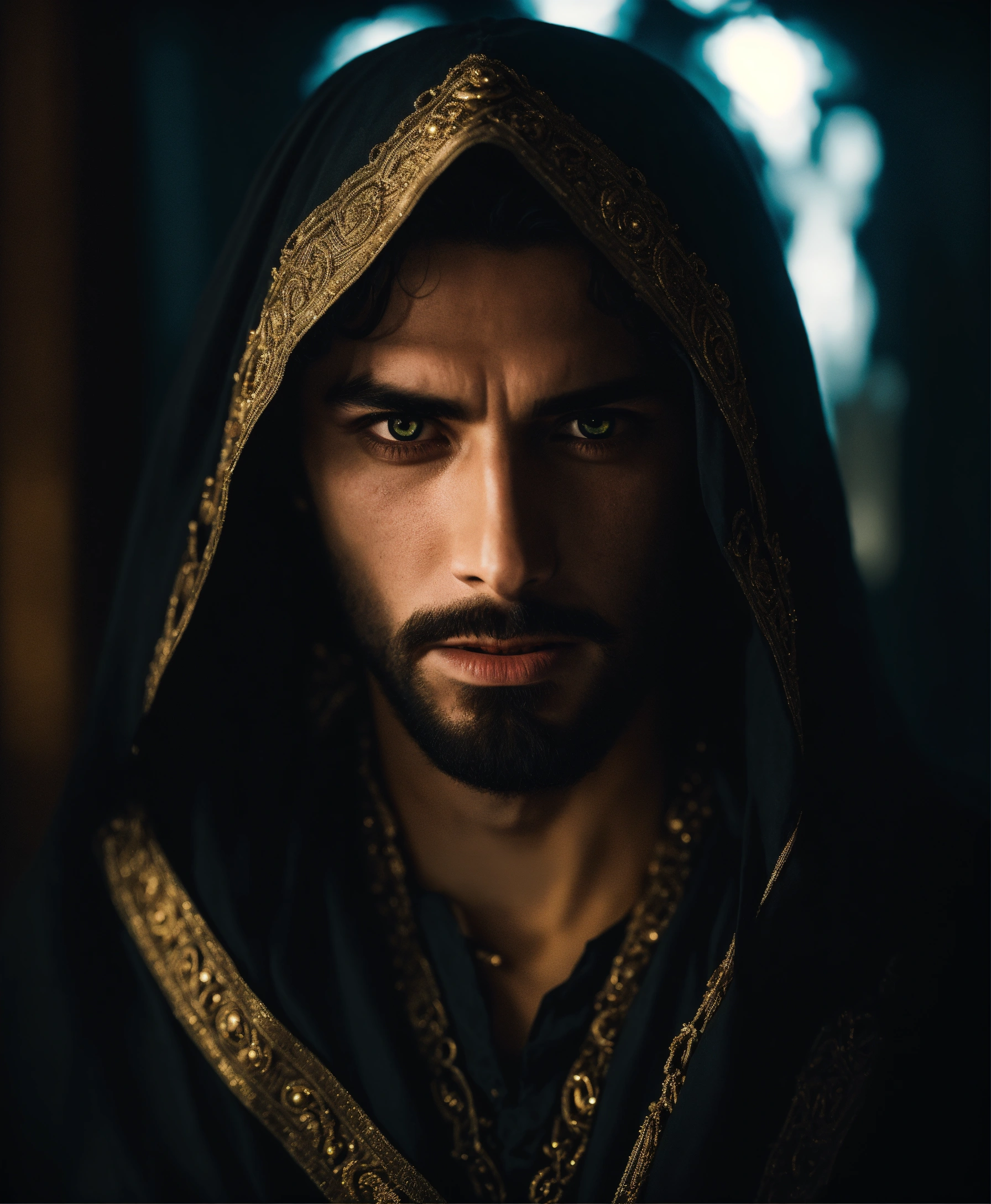 Lexica - Dramatic headshot of a young handsome, evil middle eastern ...