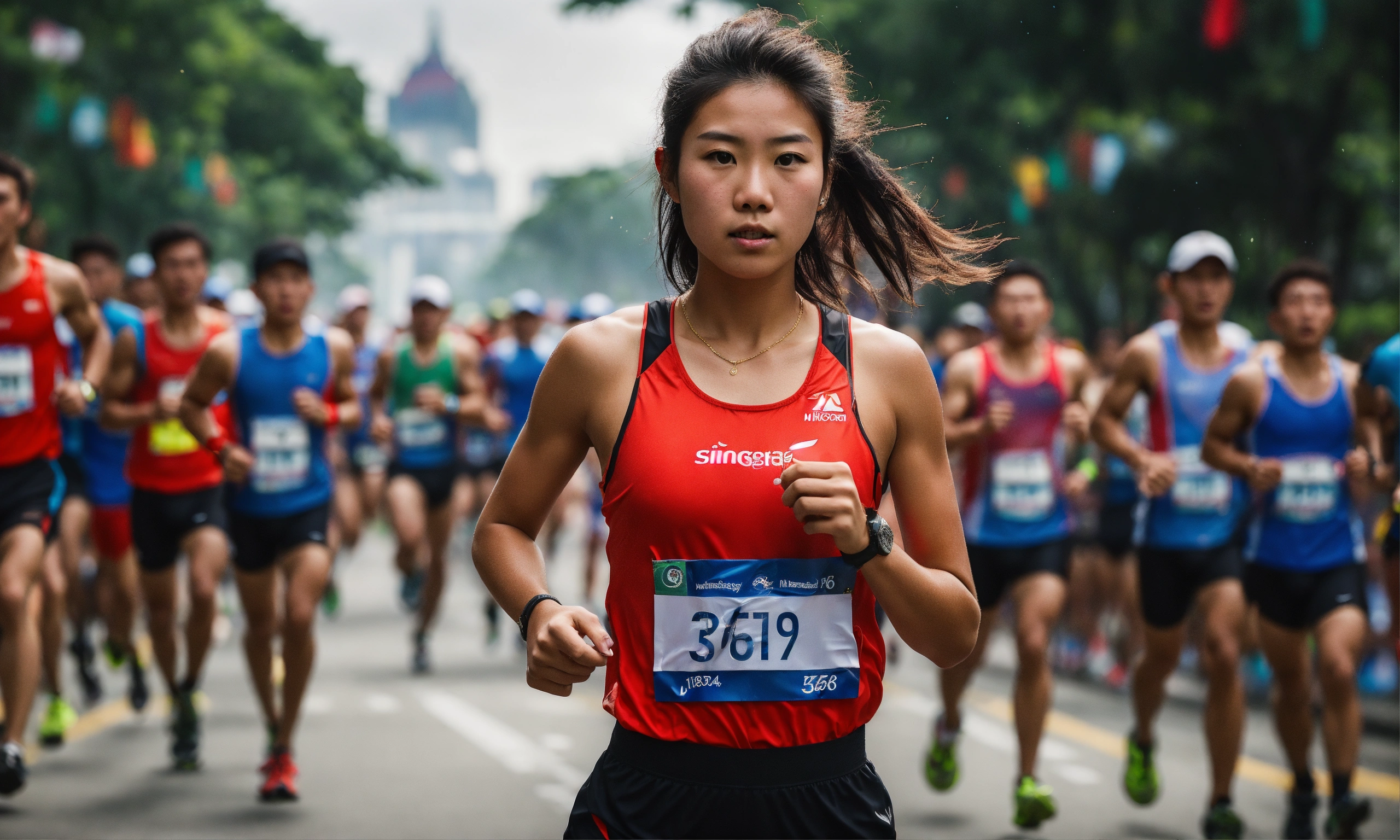 Lexica - Mid-day at a world marathon event in Singapore, ultra close-up ...