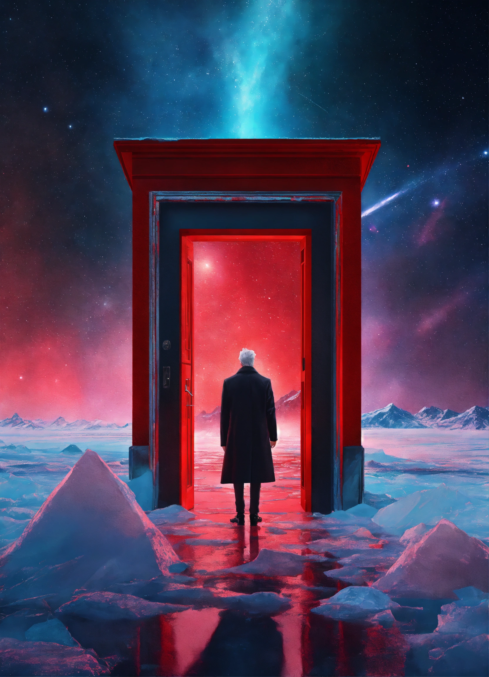 Lexica - Red door in center of ice space, dorway to the another ...
