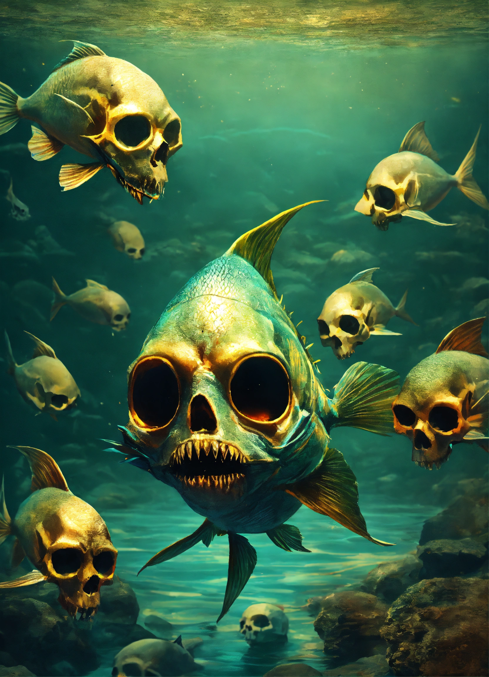 Lexica - Sinister fish in water with skulls