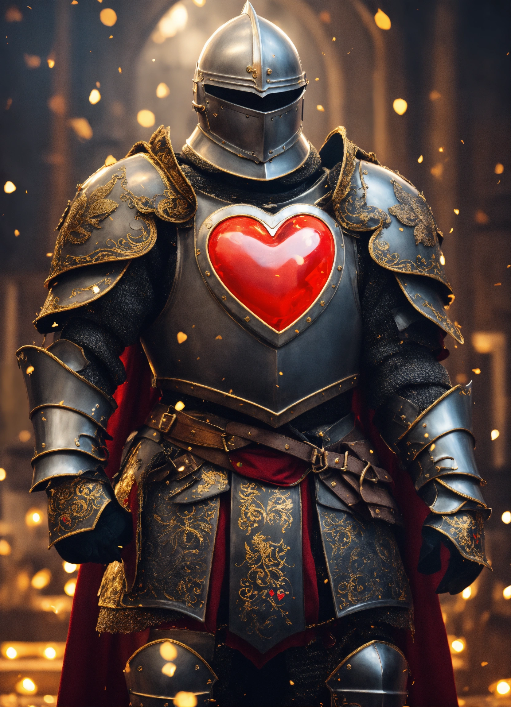 Lexica - Huge knight in dark gray armor with heart shaped decorations ...