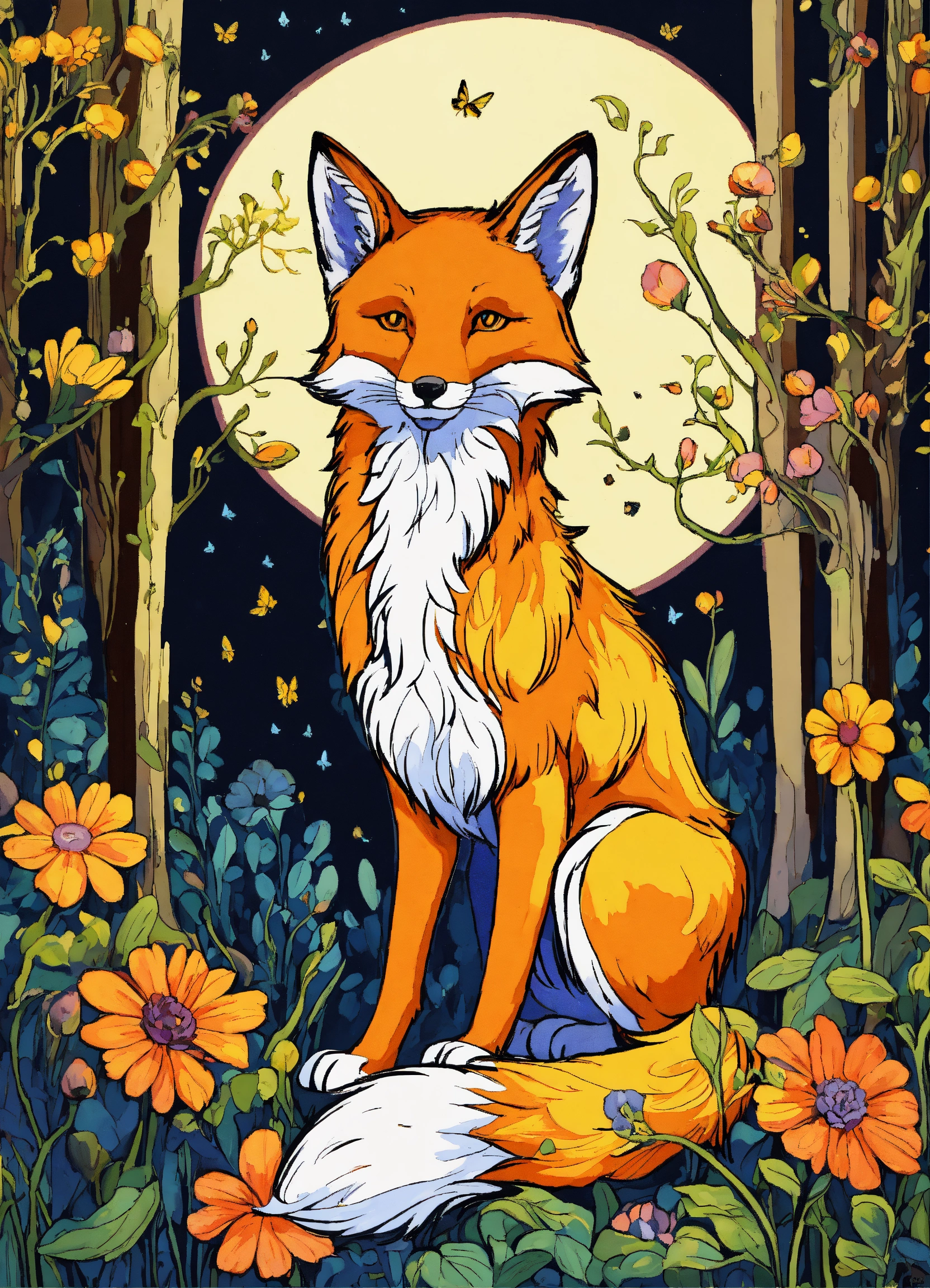 Lexica - Art nouveau oil-painting, fox with in a forest at night with ...