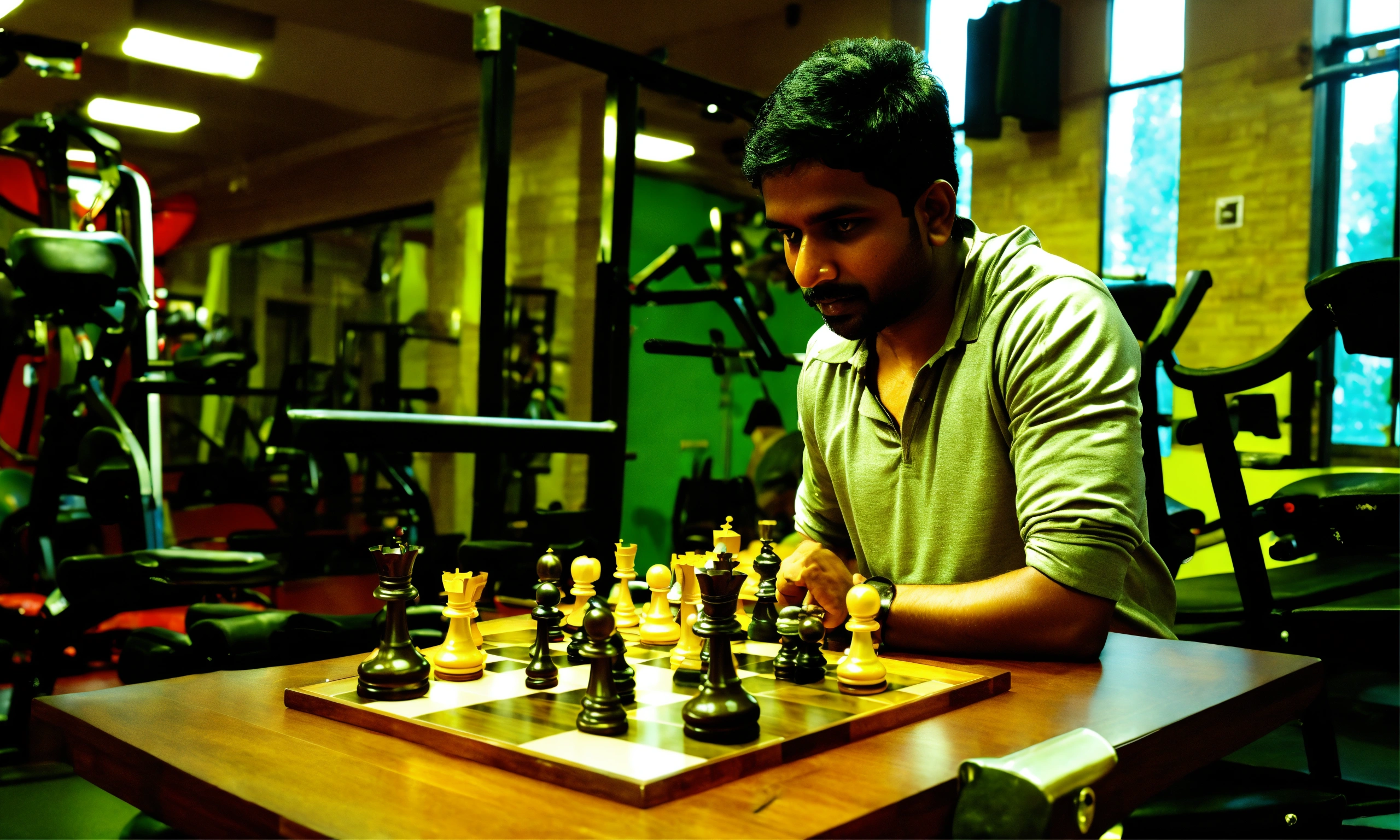 Lexica - Male from india playing chess and working out at a gym