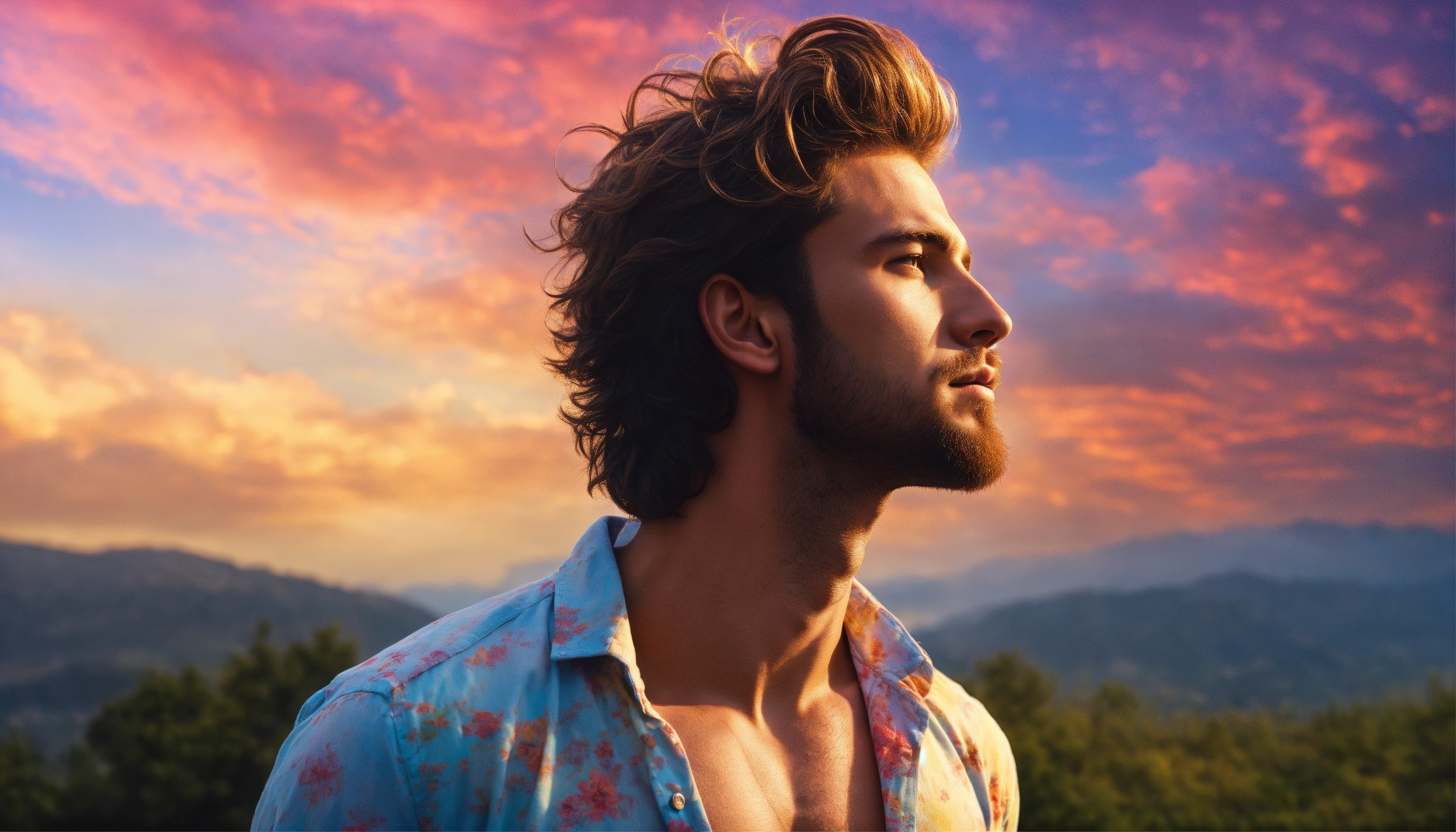 Lexica - Gorgeous well built guy, open shirt, looking up at the skies ...