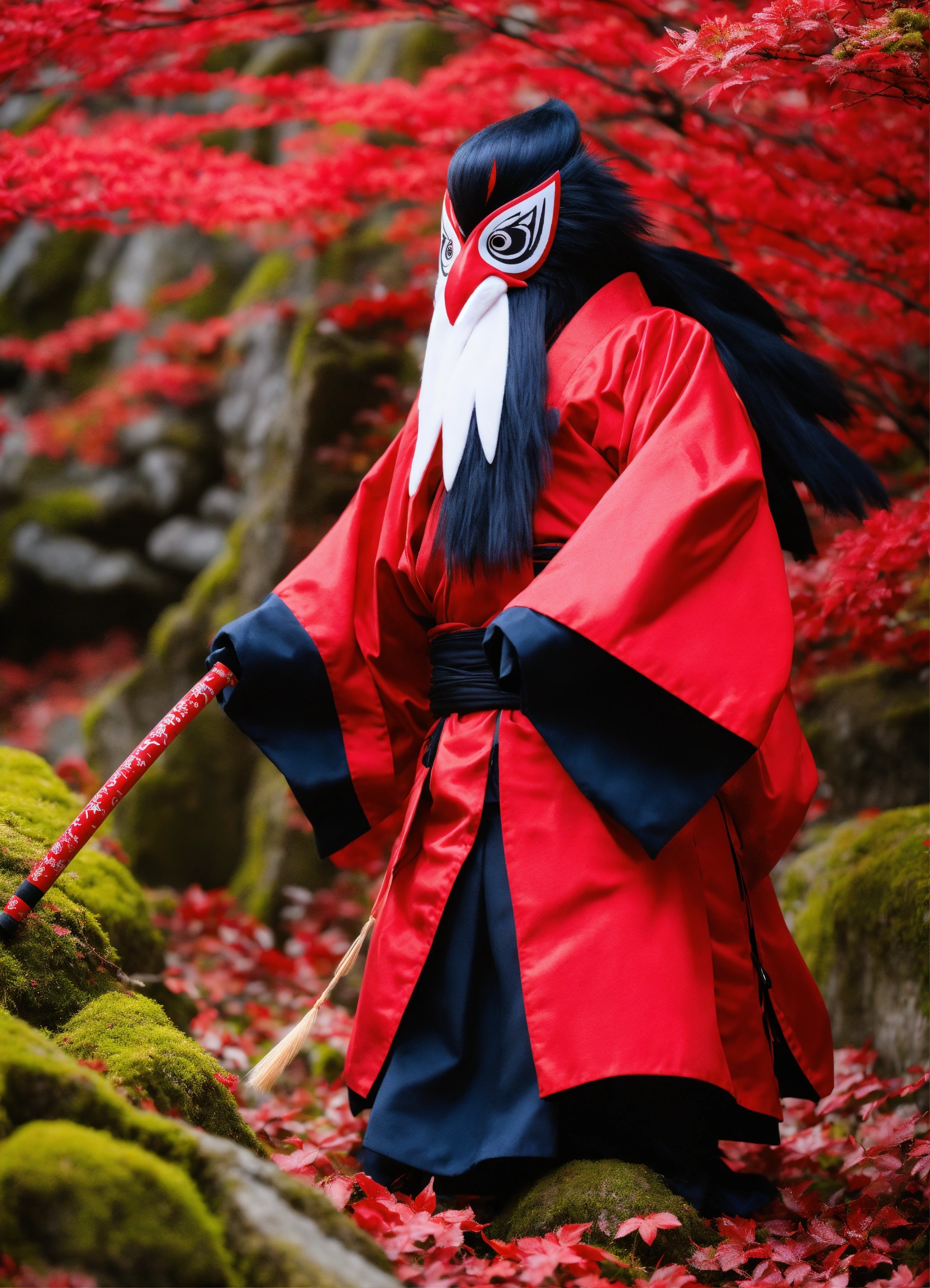 Lexica - Tengu yokai japon homme, long nez de 50 cm rouge, dans la montagne