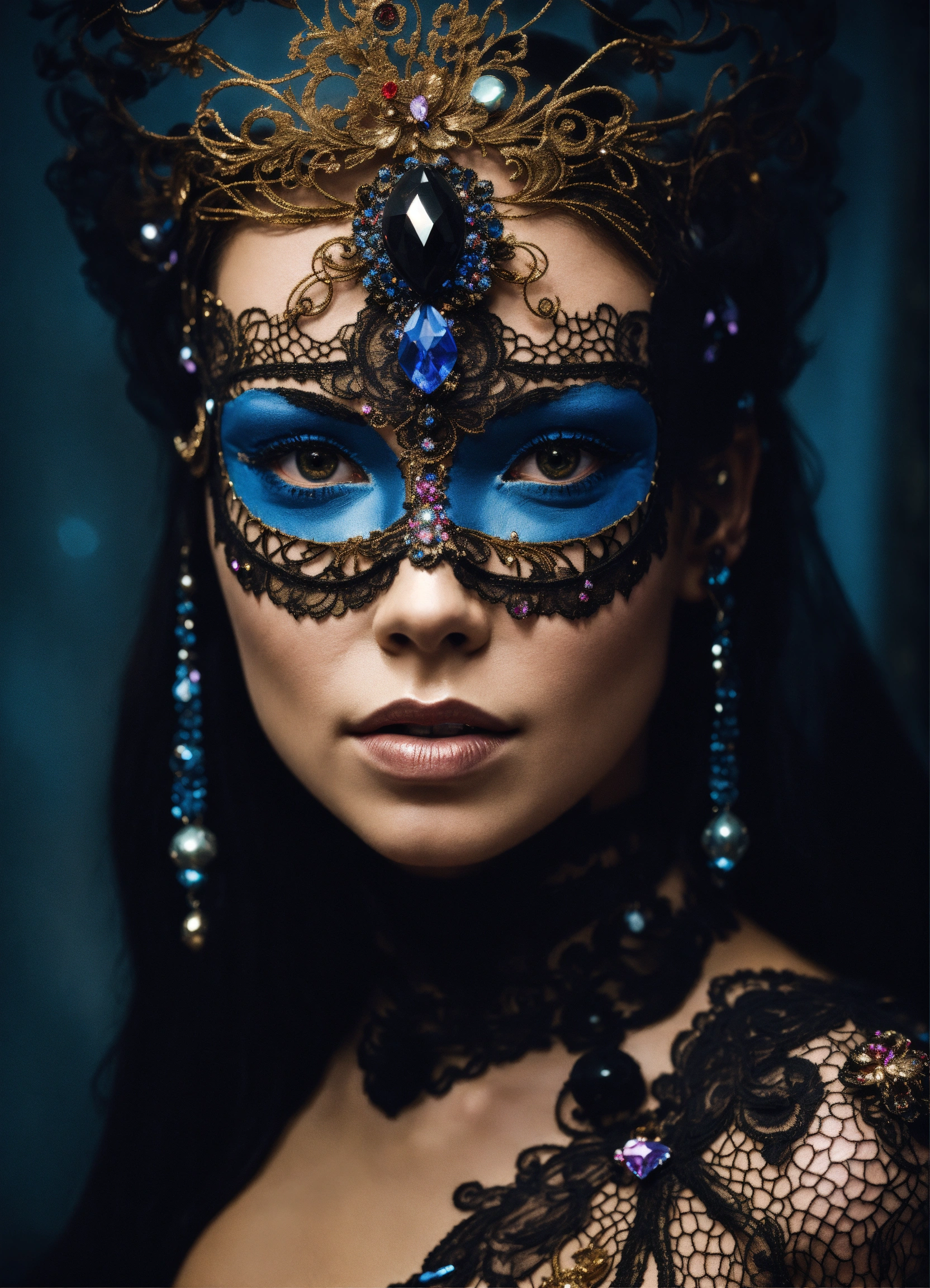 Lexica - A woman wearing luxurious black tatted lace mask decorated ...