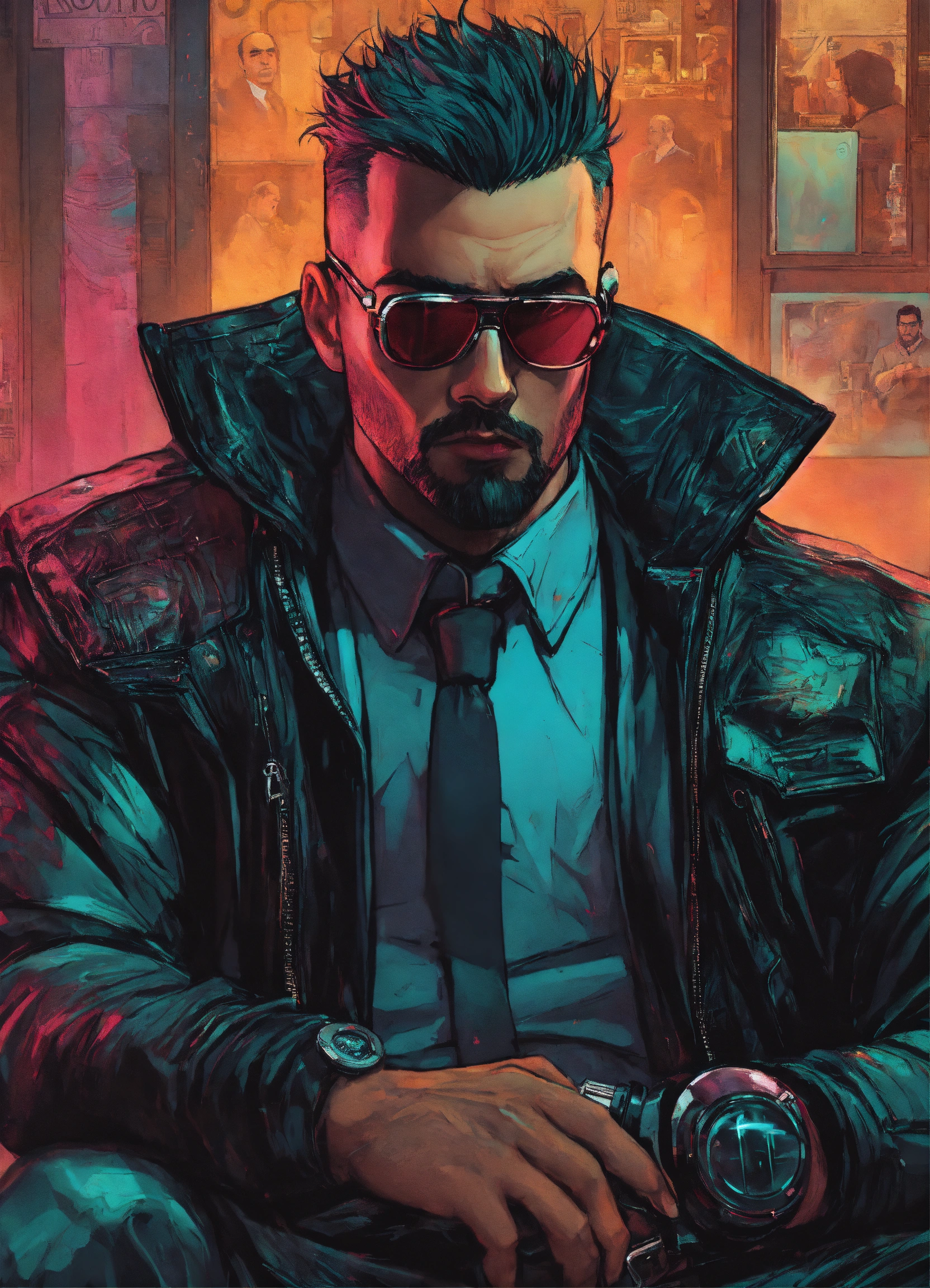 Lexica - E cyberpunk mob boss wearing a leather jacket realistic comic ...