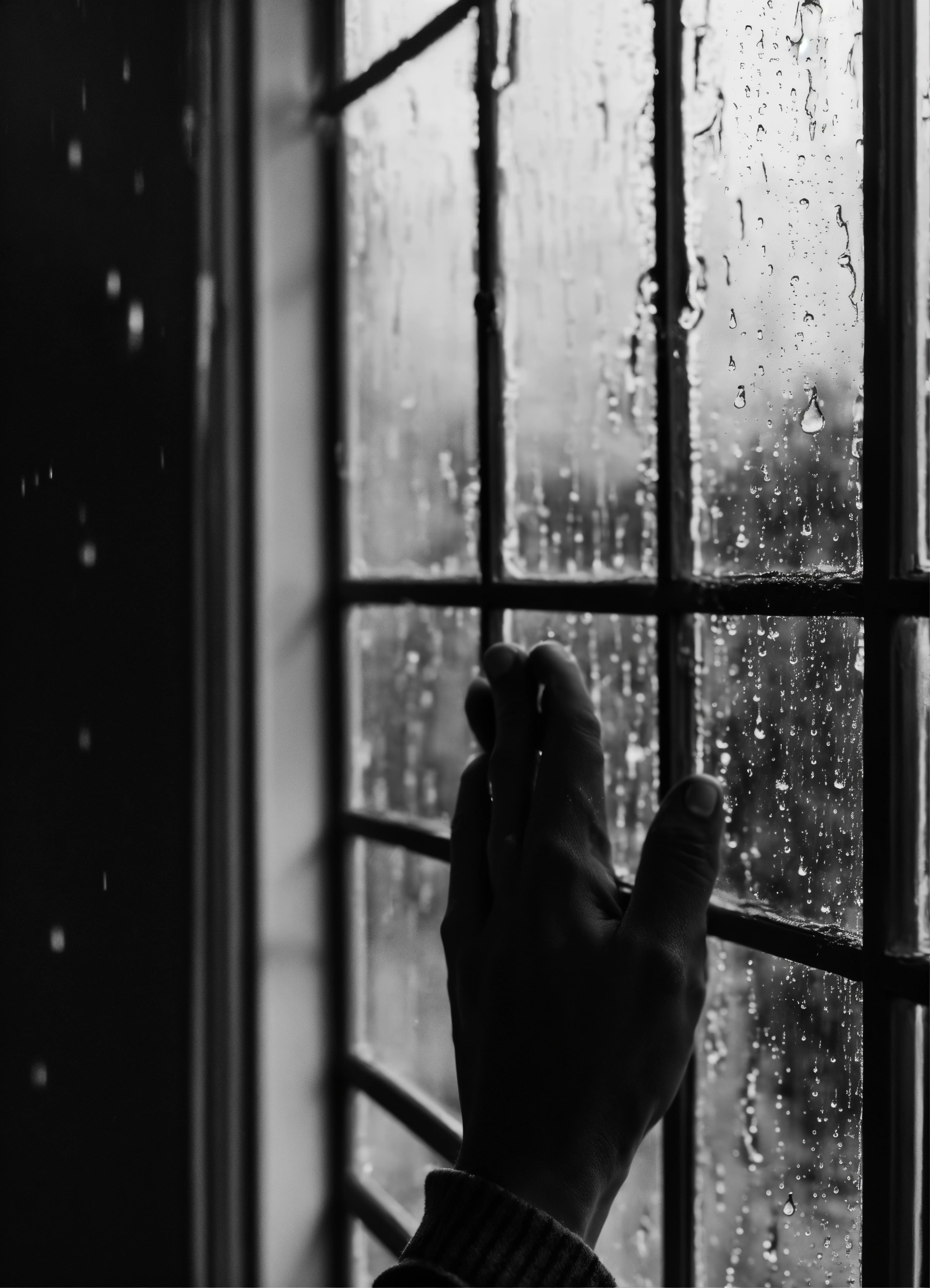 Lexica - Behind a window fogged by rain a hand is palced against the ...