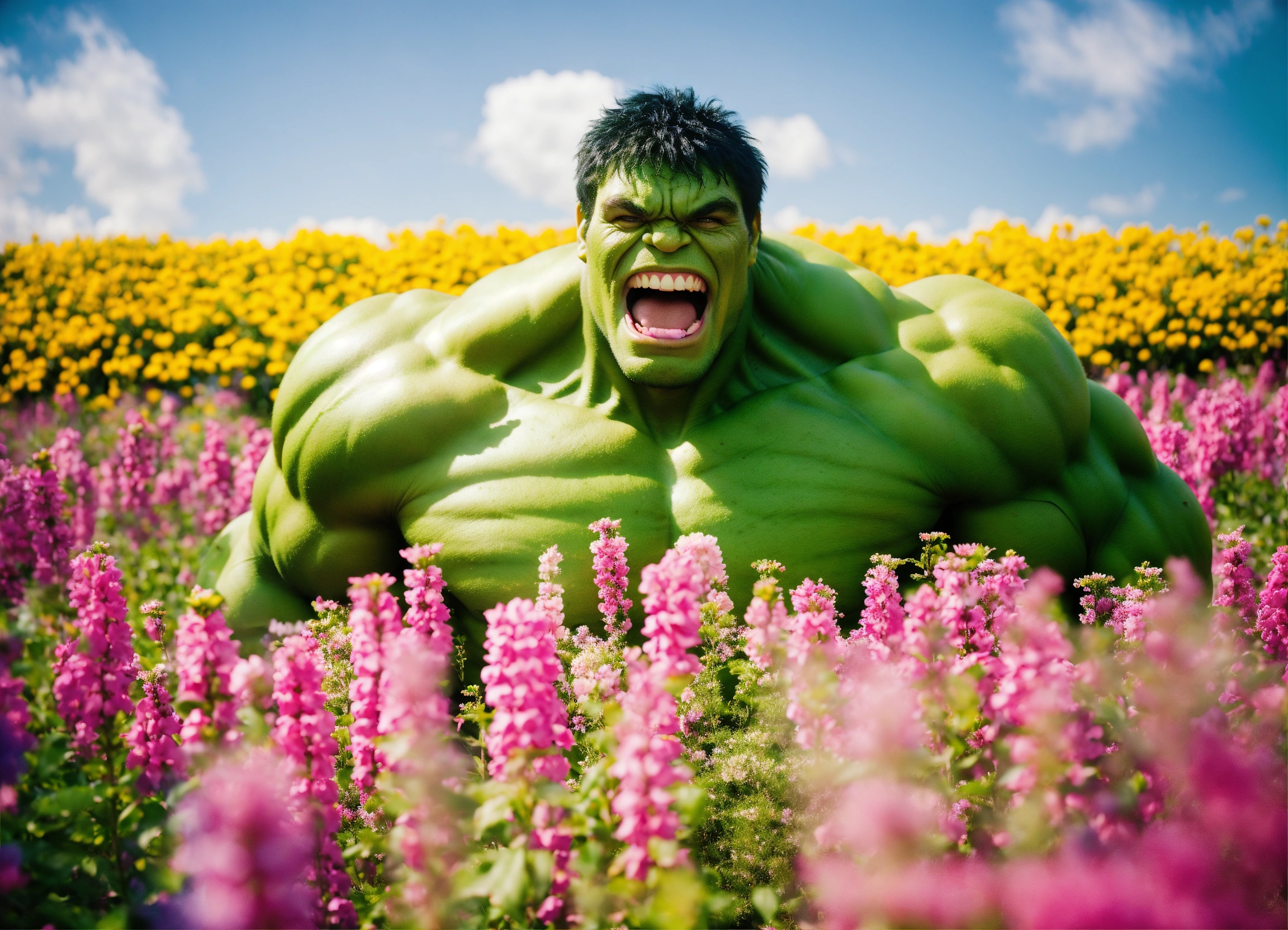 Lexica - Happy Hulk standing in a beautiful field of flowers, colorful ...