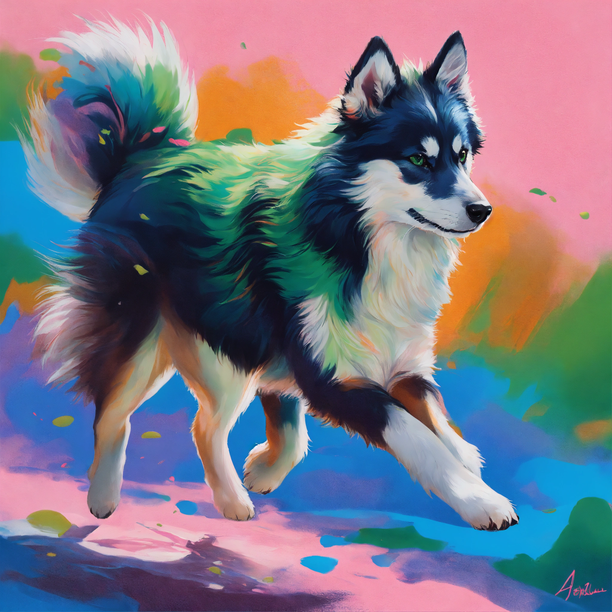 Lexica - In this vibrant painting, a graceful Pomsky black and white is ...