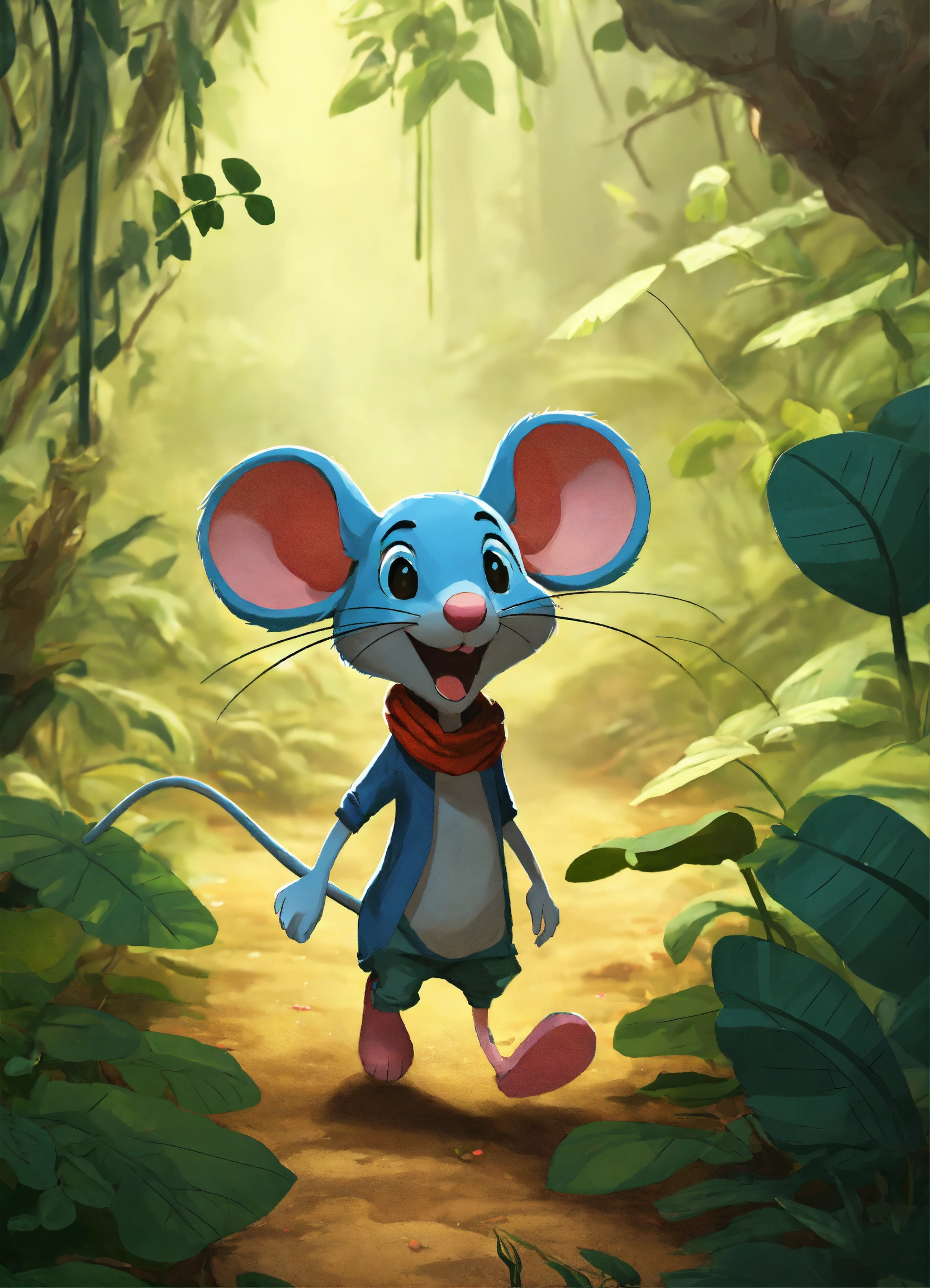 Lexica - Cartoon mouse walking in dense jungle