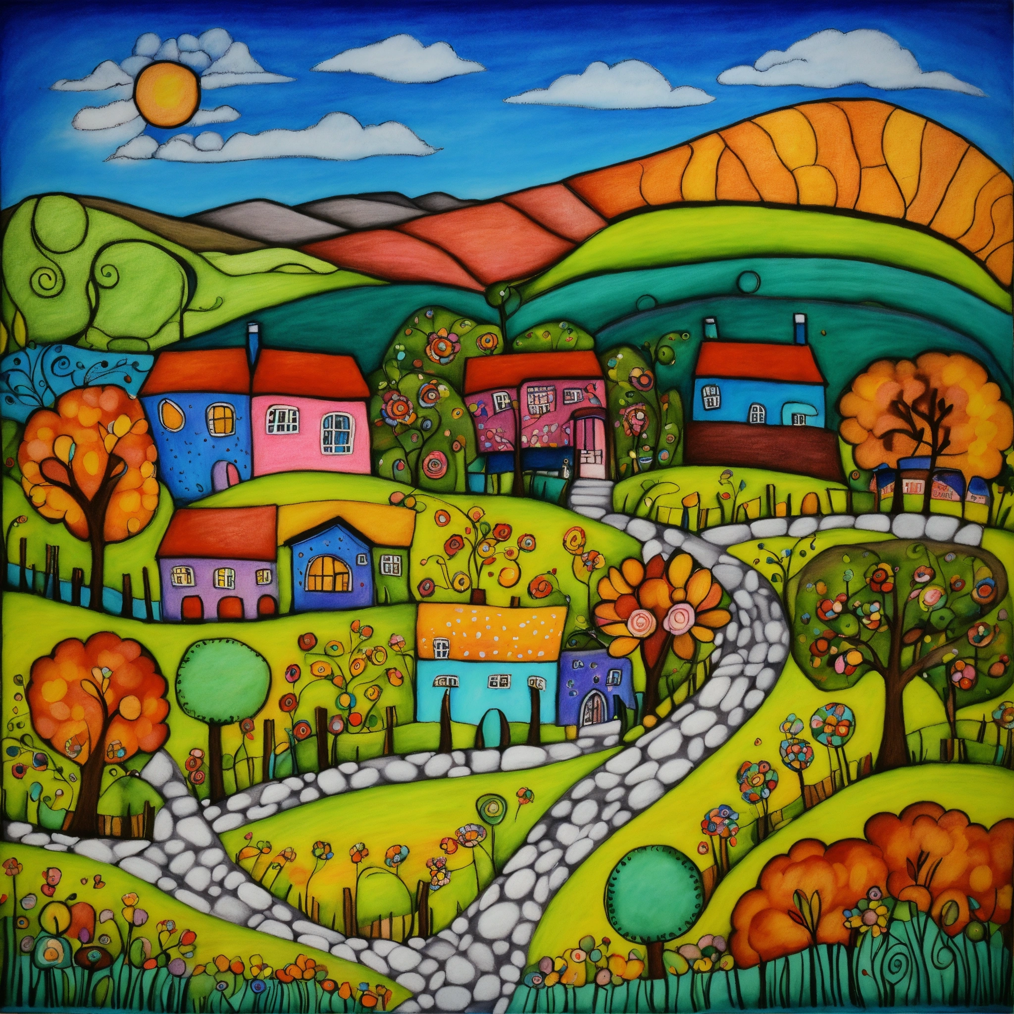 Lexica - Art drawing landscape scene folk art style inspired by karla ...